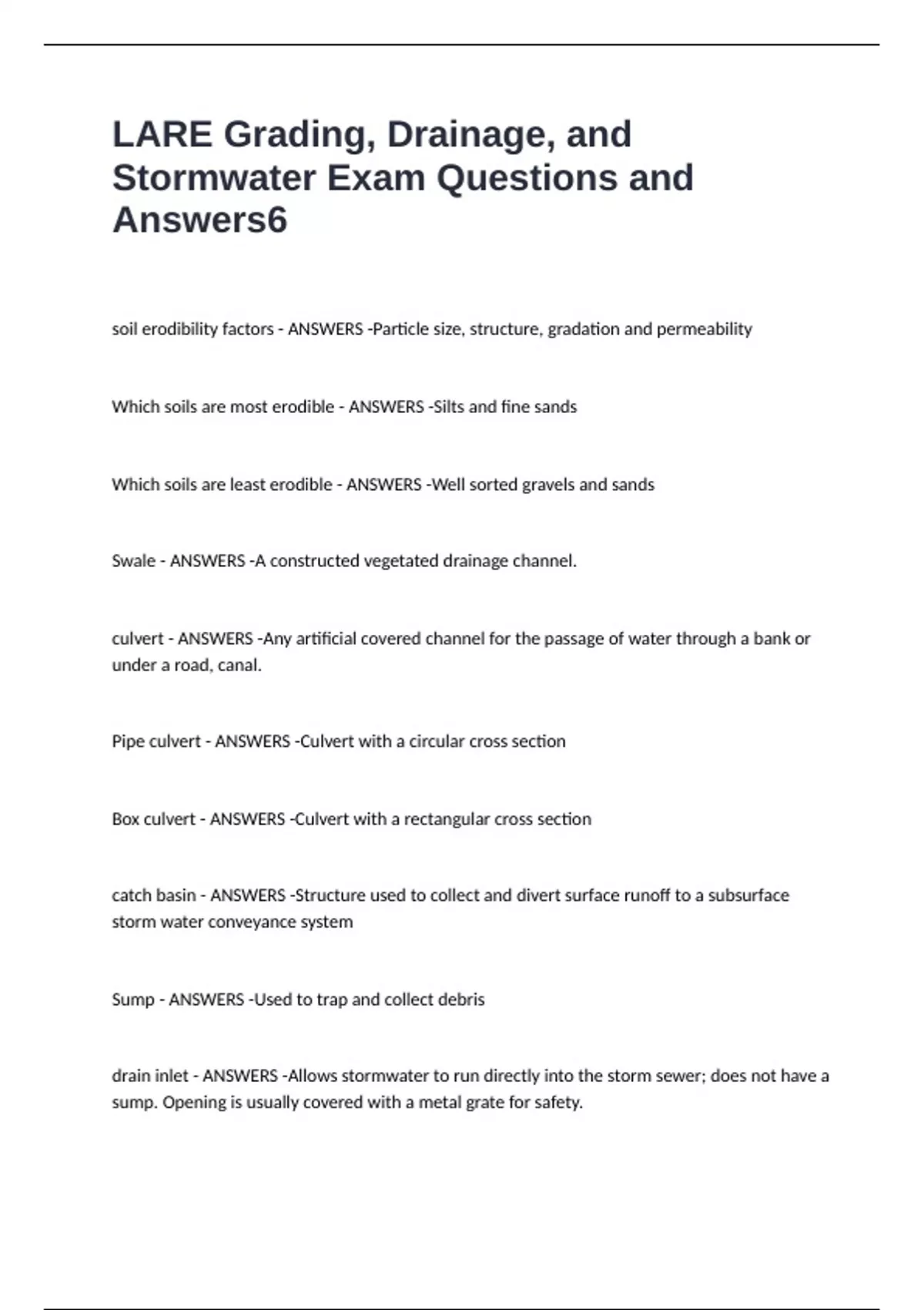 LARE Grading, Drainage, and Stormwater Exam Questions and Answers ...