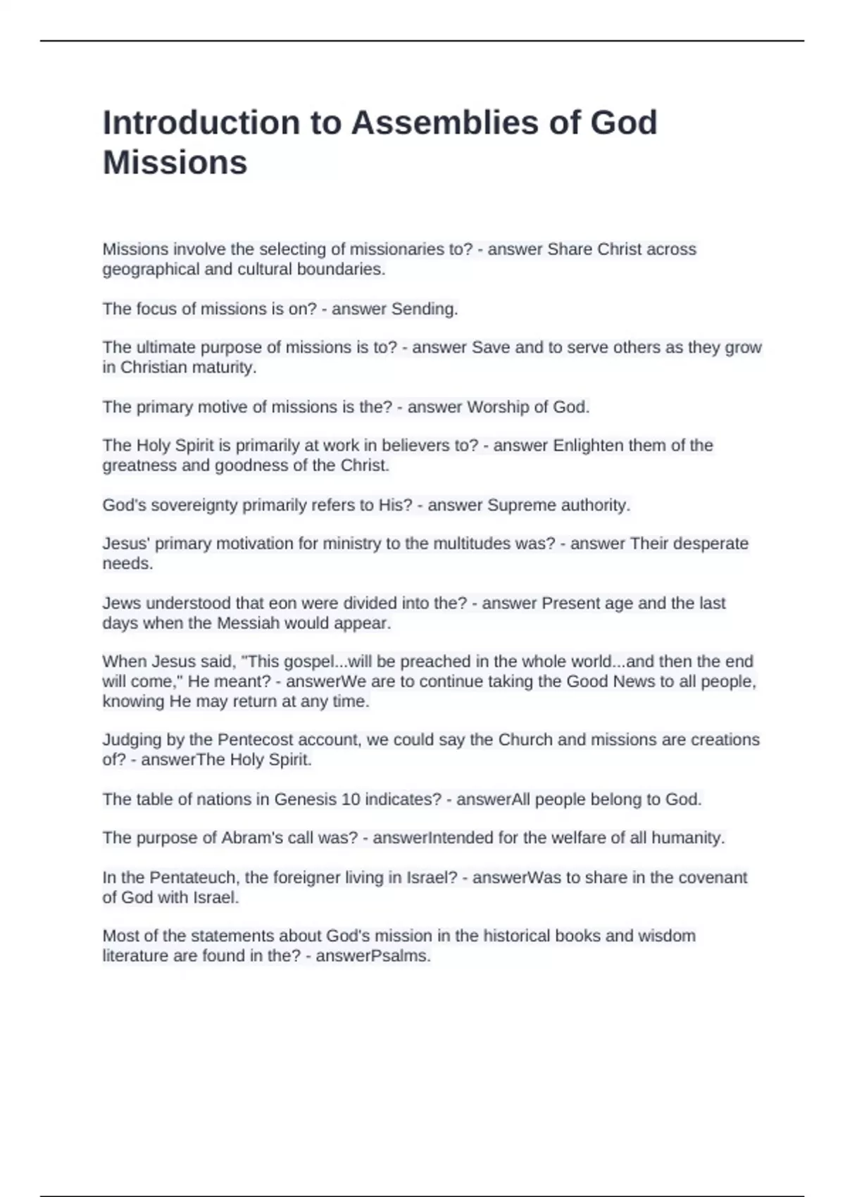 Introduction to Assemblies of God Missions Questions and Answers ...