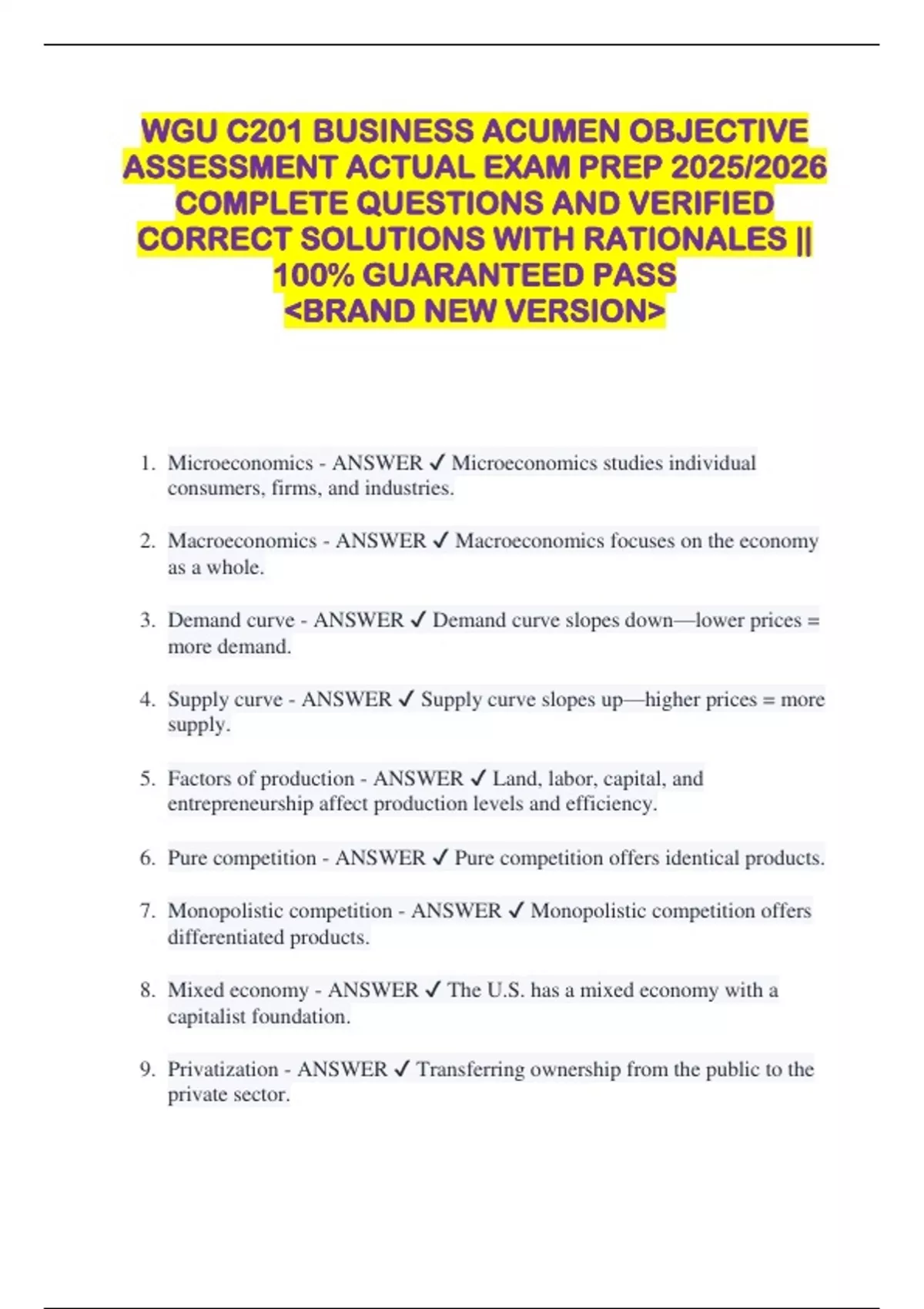 WGU C201 BUSINESS ACUMEN OBJECTIVE ASSESSMENT ACTUAL EXAM PREP 2025/2026 COMPLETE QUESTIONS AND ...