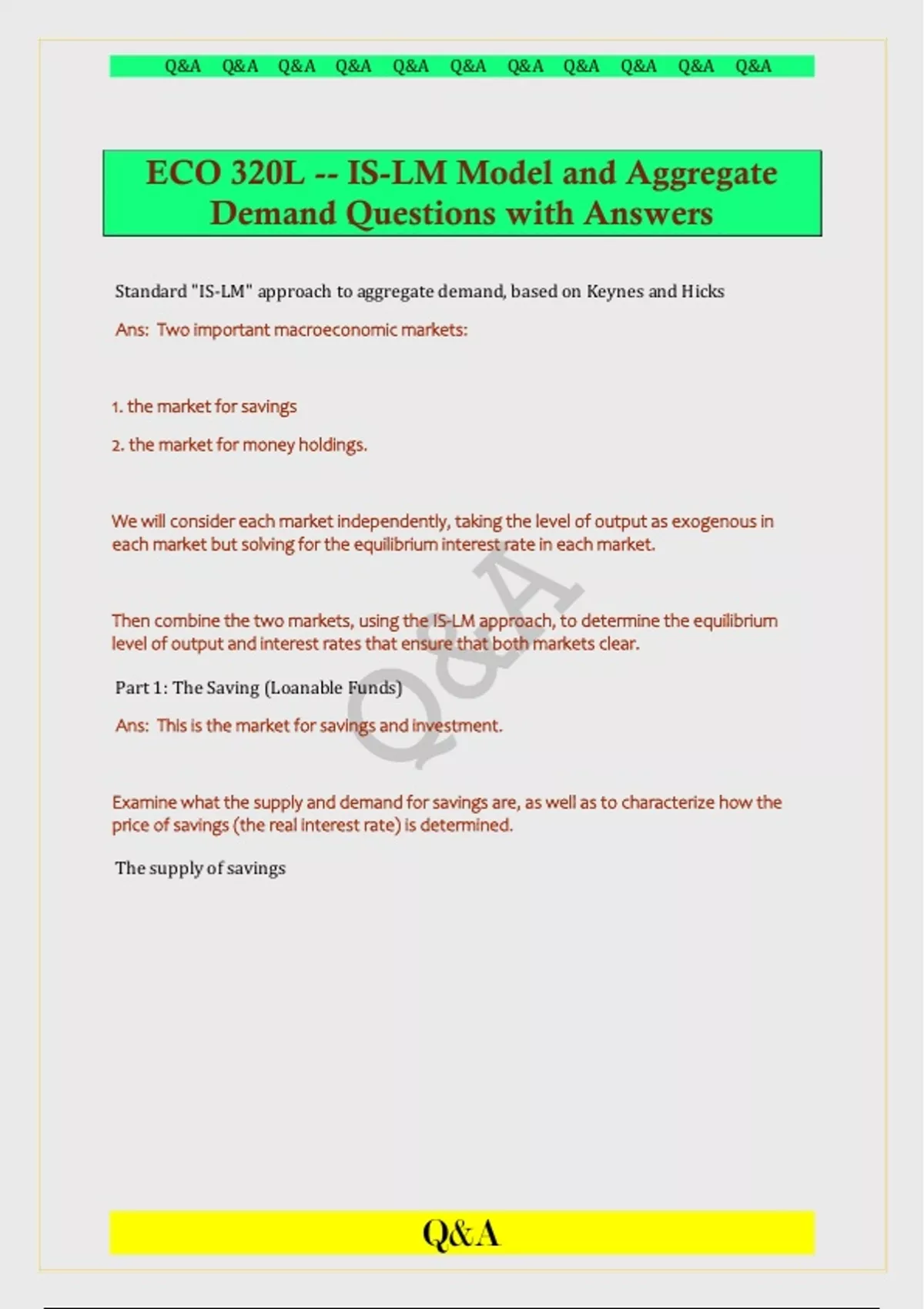 ECO 320L -- IS-LM Model and Aggregate Demand Questions with Answers ...