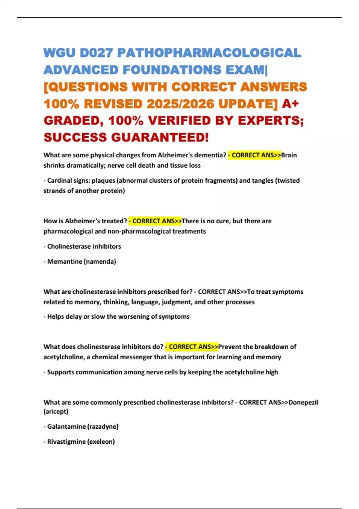 WGU D027 PATHOPHARMACOLOGICAL ADVANCED FOUNDATIONS EXAM| [QUESTIONS ...
