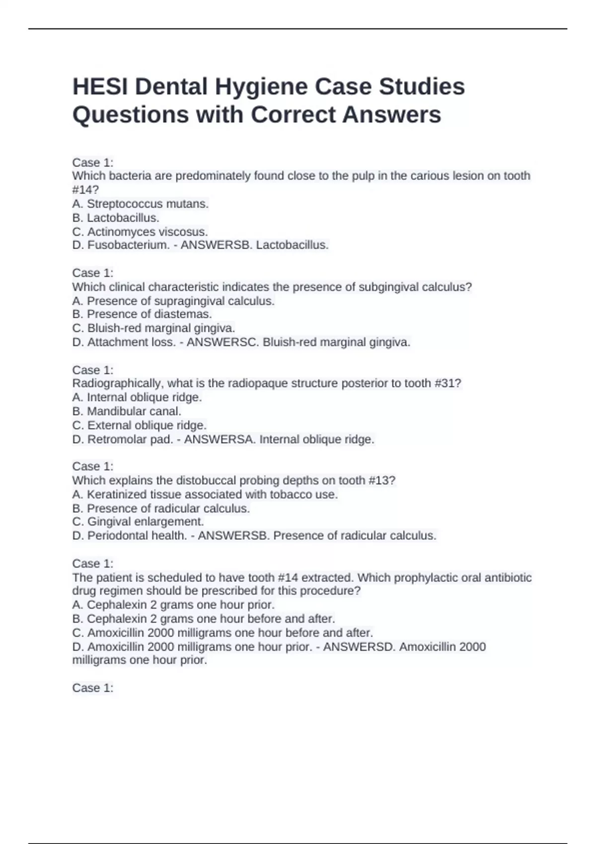 HESI Dental Hygiene Case Studies Questions with Correct Answers - HESI Dental Hygiene Case ...