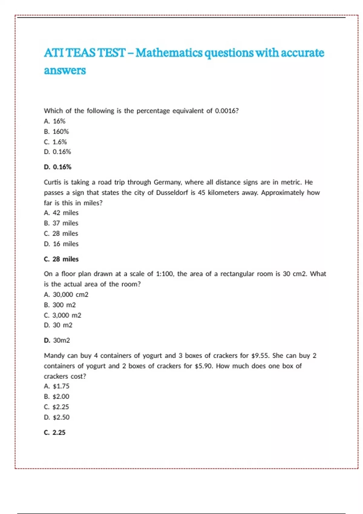 ATI TEAS TEST – Mathematics questions with accurate answers - ATI Teas ...