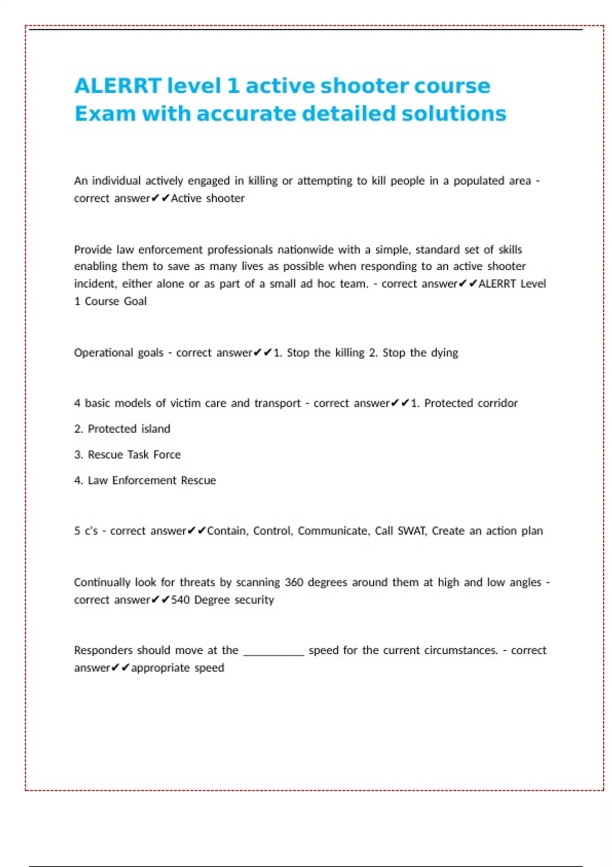 ALERRT level 1 active shooter course Exam with accurate detailed solutions - ALERRT - Stuvia US