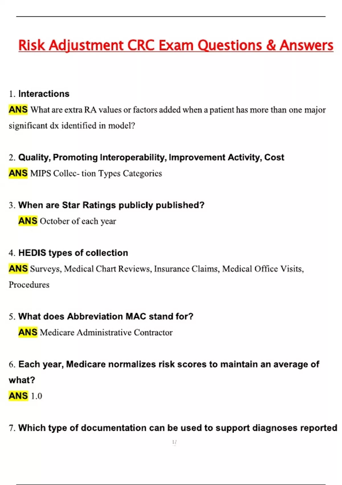 CRC Risk Adjustment Actual Exam Newest (Latest 2025 / 2026 Update ...