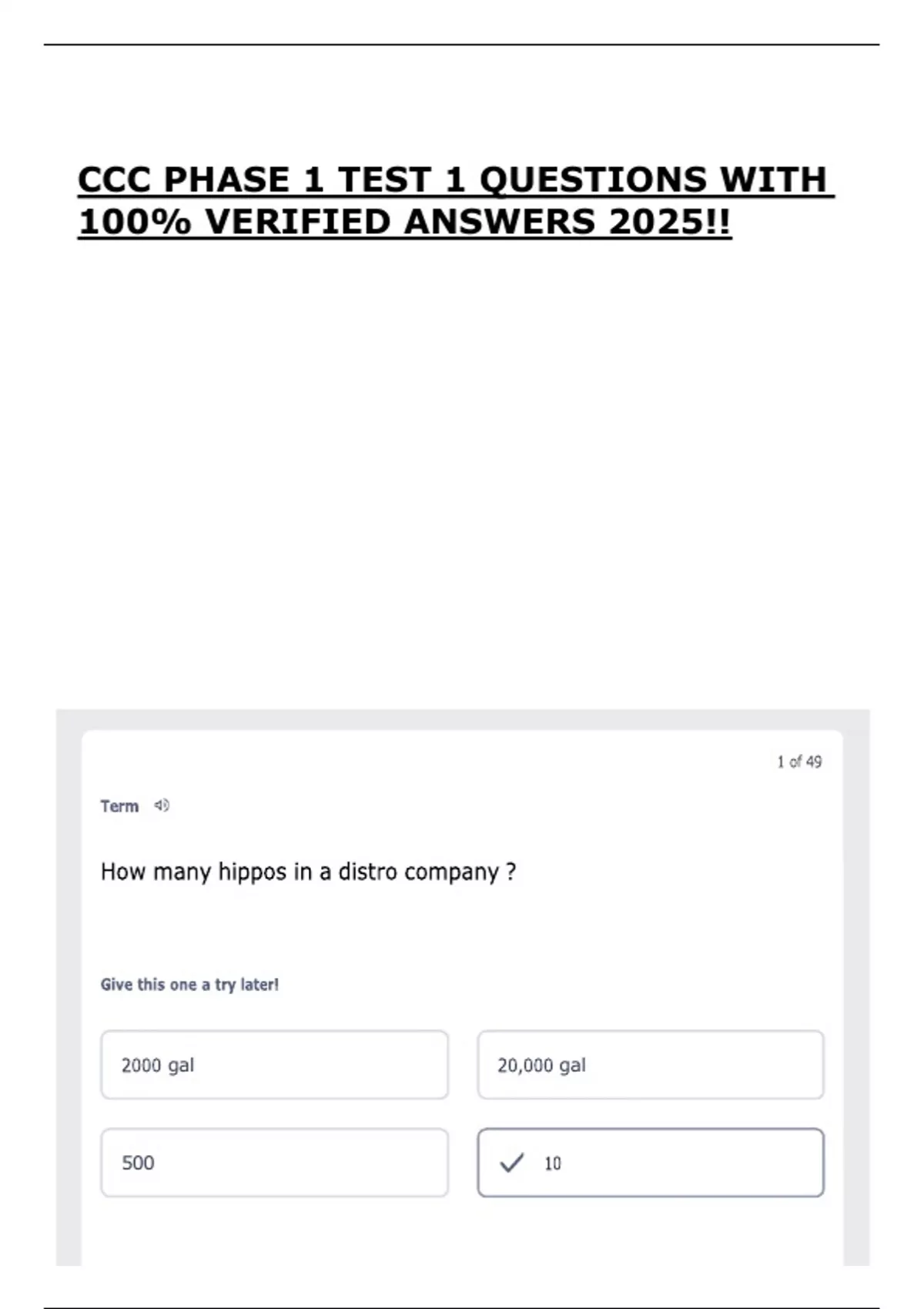 CCC PHASE 1 TEST 1 QUESTIONS WITH 100% VERIFIED ANSWERS 2025!! - Ccc ...