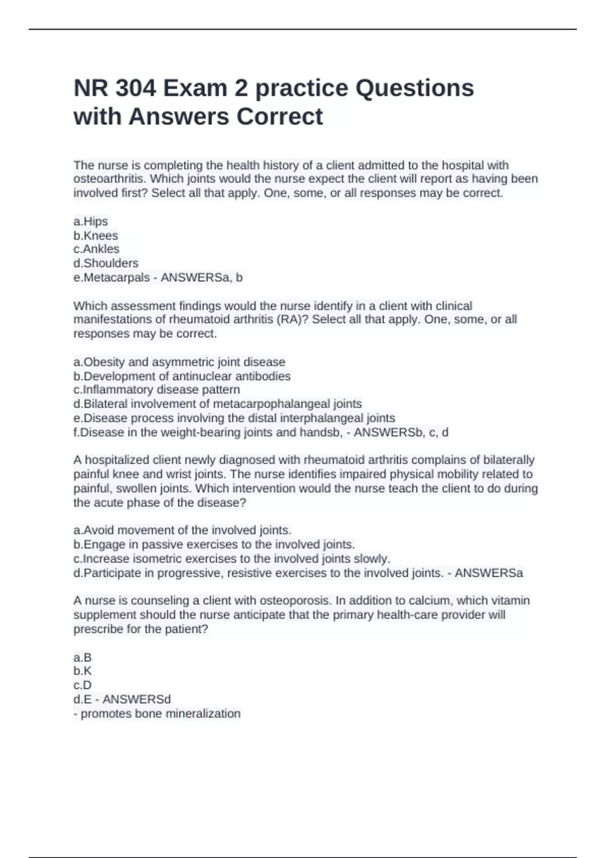 NR 304 Exam 2 practice Questions with Answers Correct - NR 304 2 ...