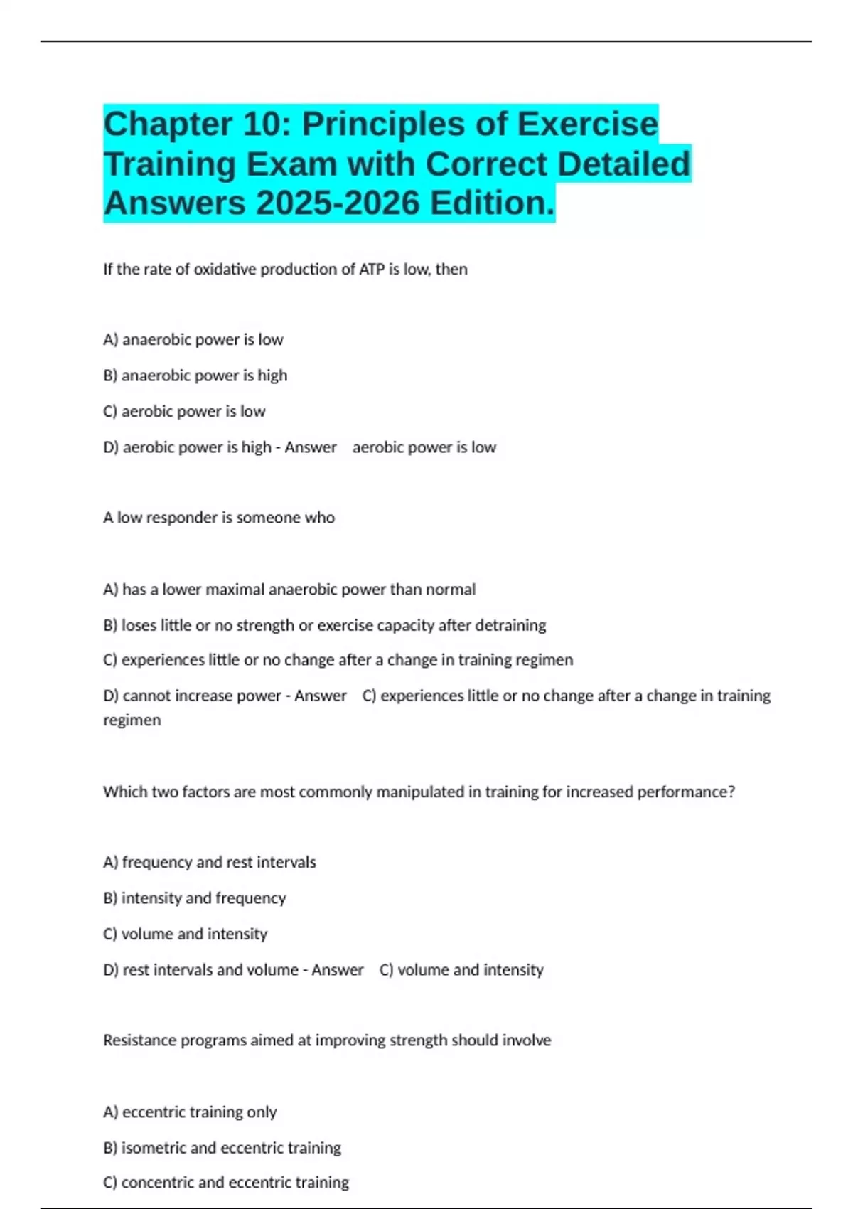 Chapter 10: Principles of Exercise Training Exam with Correct Detailed ...