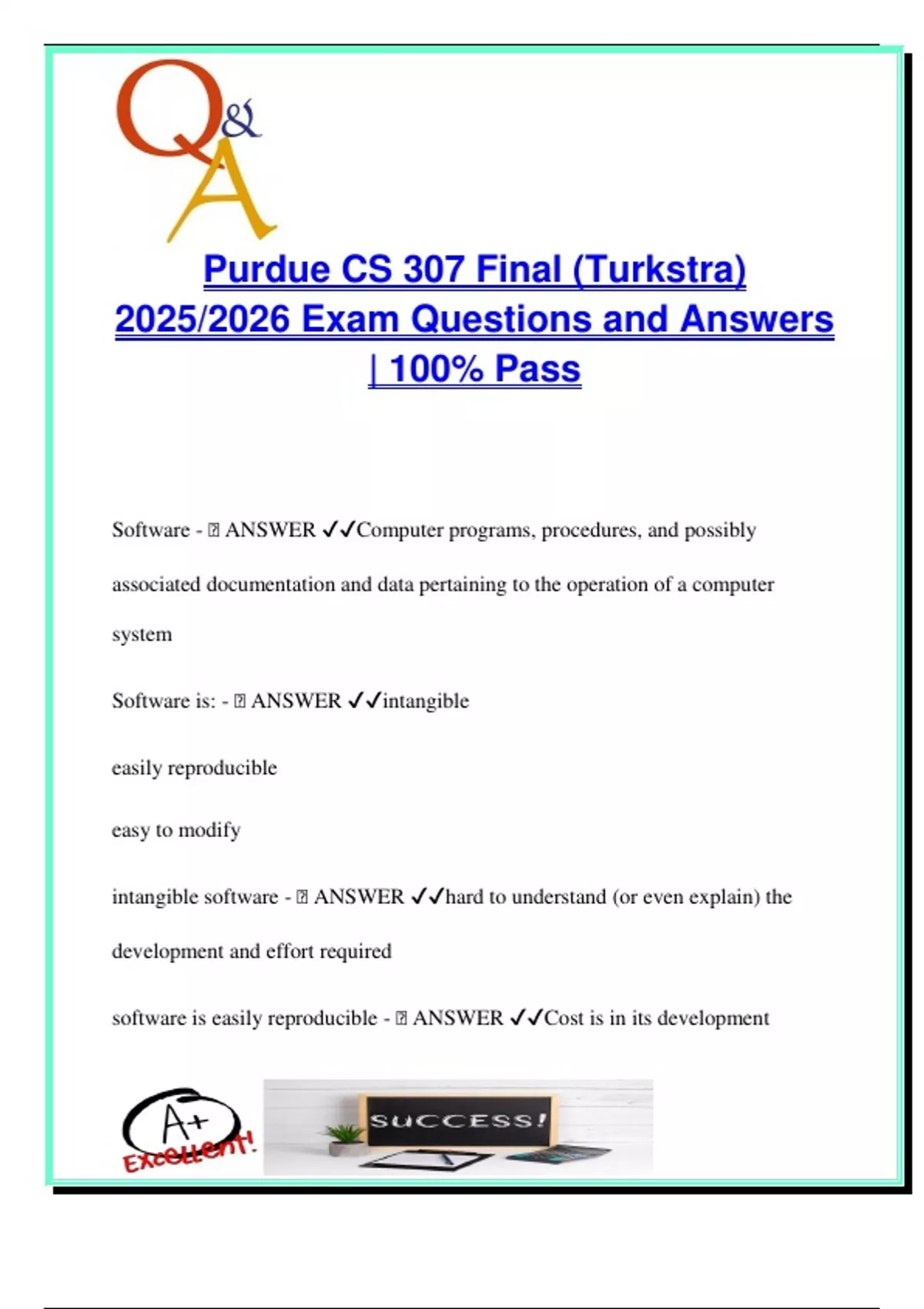 Purdue CS 307 Final Exam (Turkstra) – 100 Verified Questions | 2025/2026 | Agile, UML, Software ...