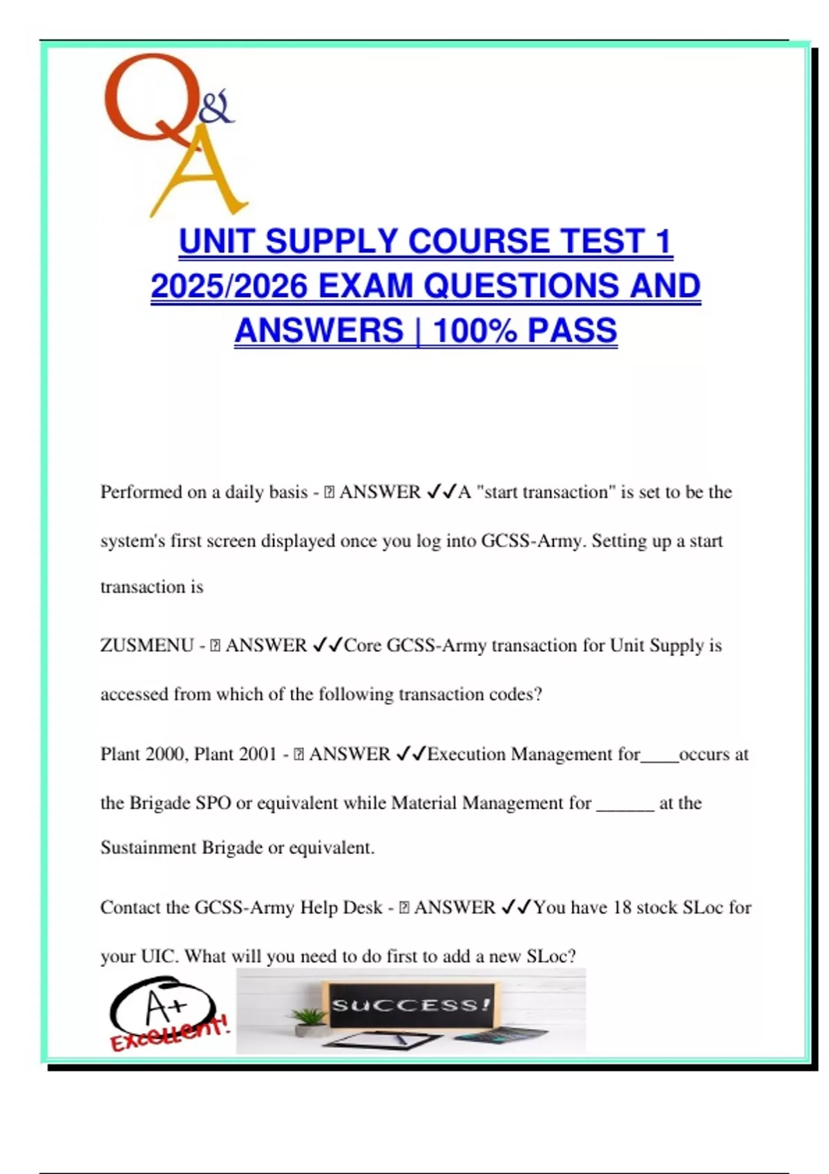 Unit Supply Course Test 1 – 2025/2026 | 60+ Verified Q&A | GCSS-Army ...