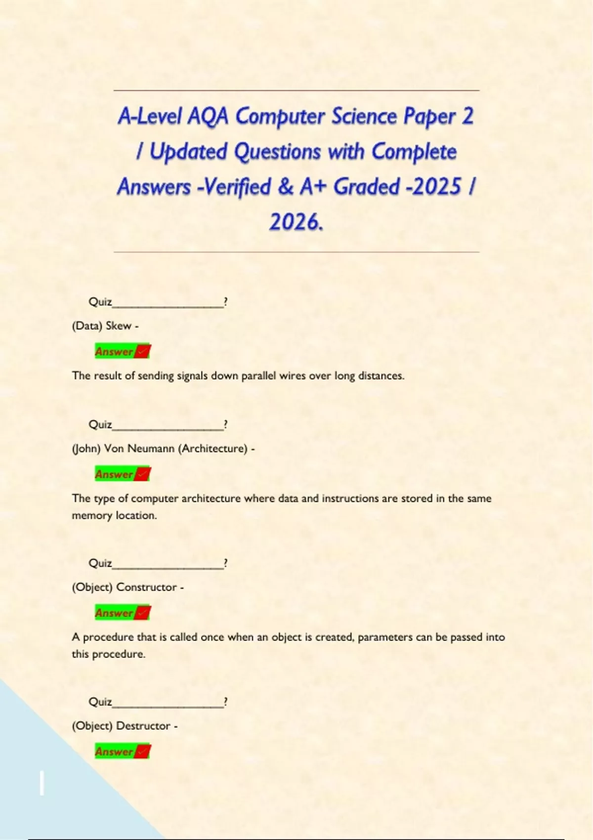 A Level Aqa Computer Science Paper 2 Updated Questions With Complete