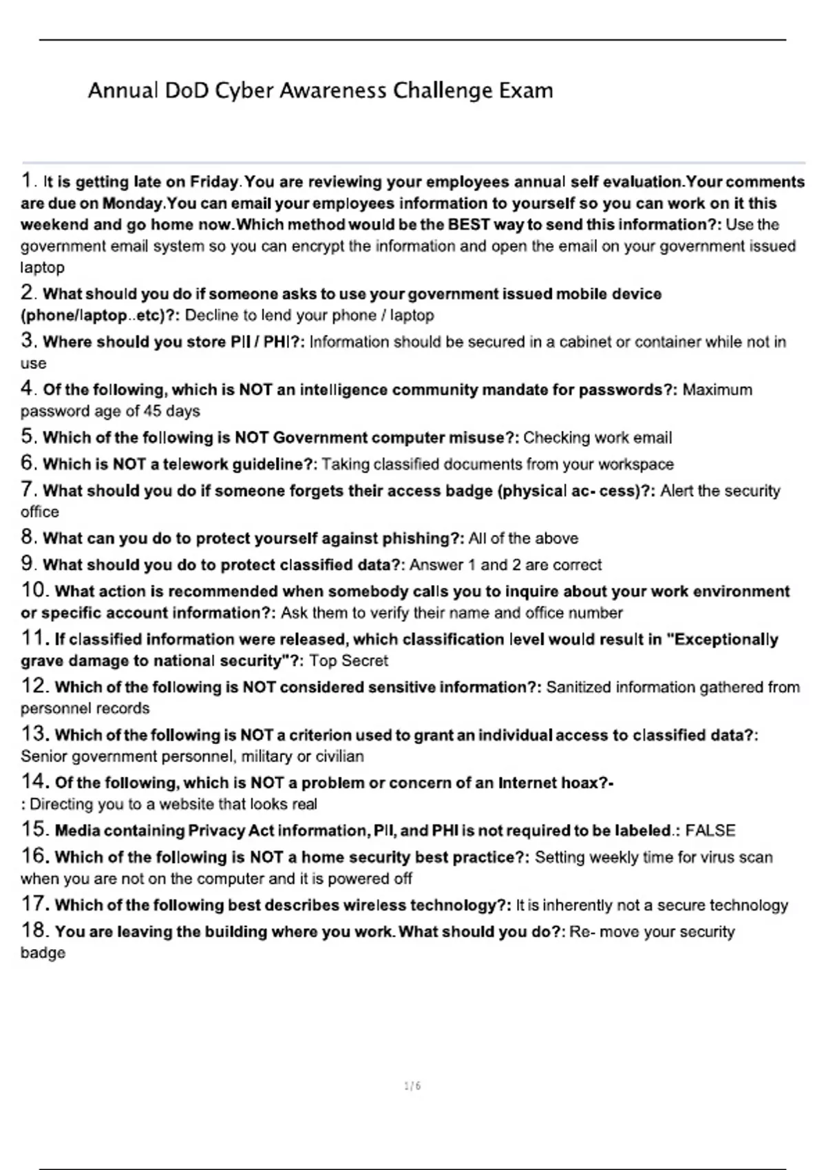 Annual DoD Cyber Awareness Challenge Exam | QUESTIONS AND ANSWERS 2026 ...