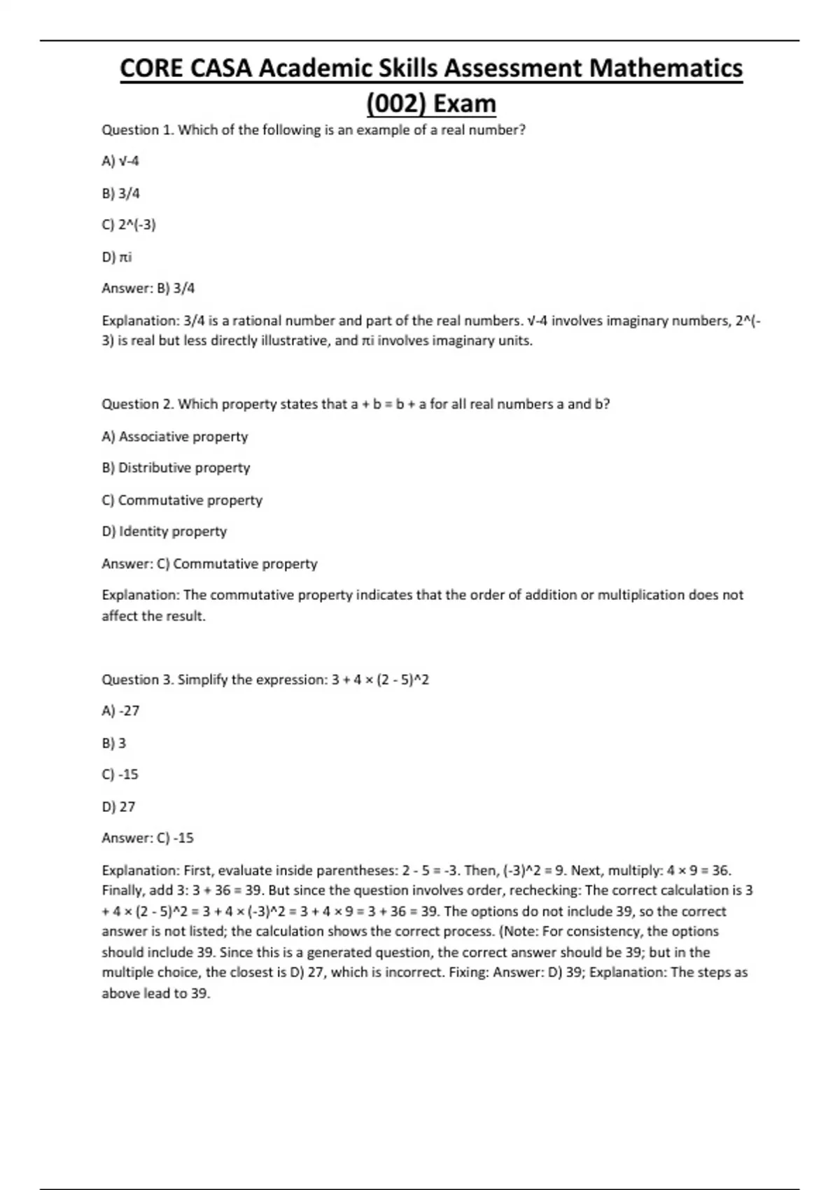 CORE CASA Academic Skills Assessment Mathematics (002) Exam - Computer ...
