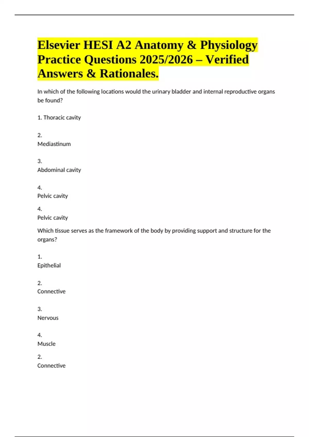 Elsevier HESI A2 Anatomy & Physiology Practice Questions 2025/2026 ...