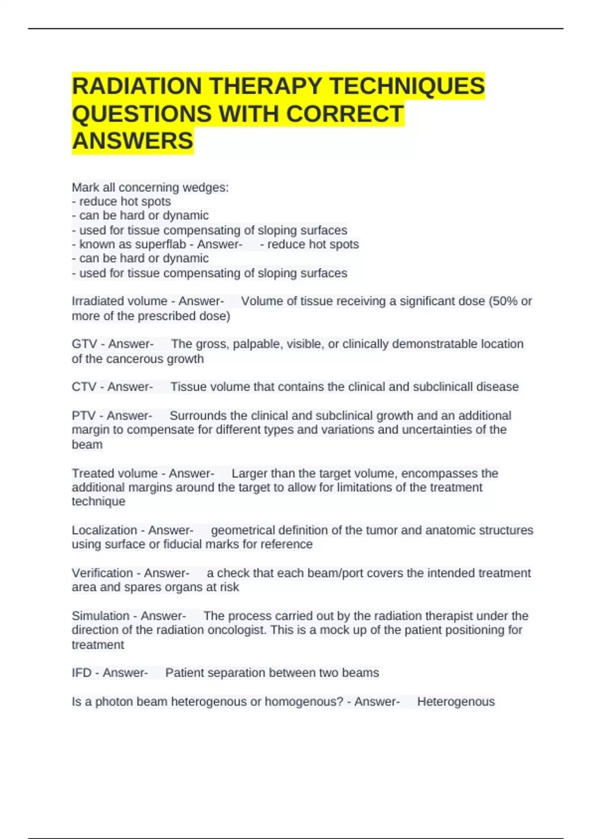 RADIATION THERAPY TECHNIQUES QUESTIONS WITH CORRECT ANSWERS - Radiation ...