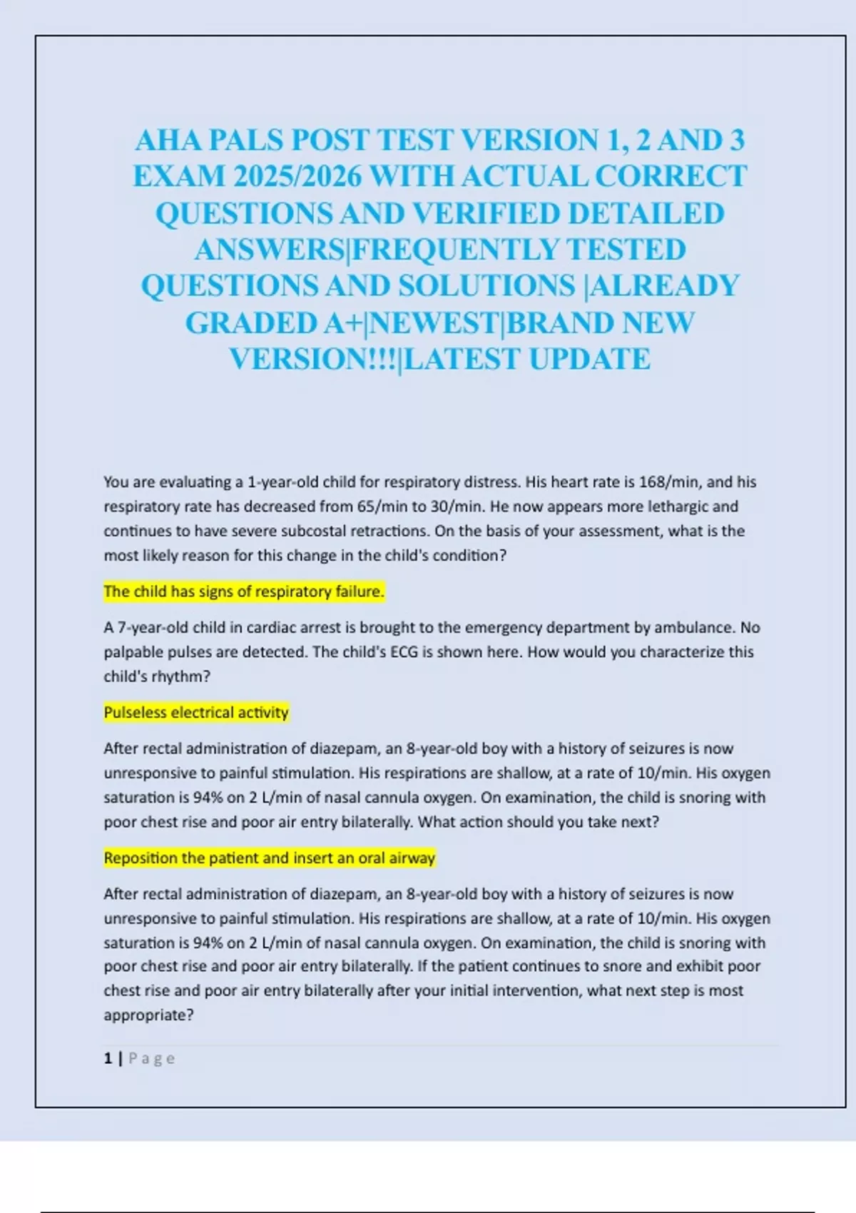 AHA PALS POST TEST VERSION 1, 2 AND 3 EXAM 2025/2026 WITH ACTUAL ...