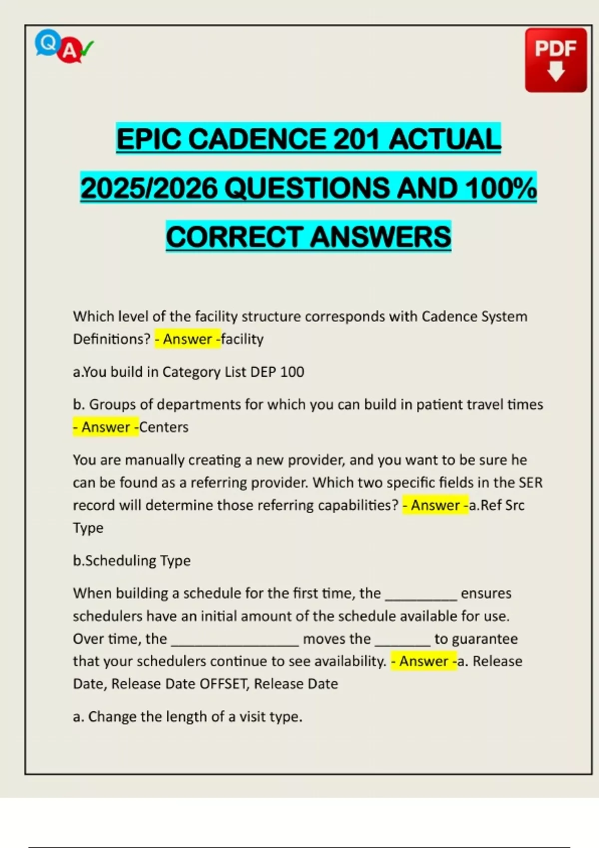 EPIC CADENCE 201 ACTUAL 2025/2026 QUESTIONS AND 100% CORRECT ANSWERS ...
