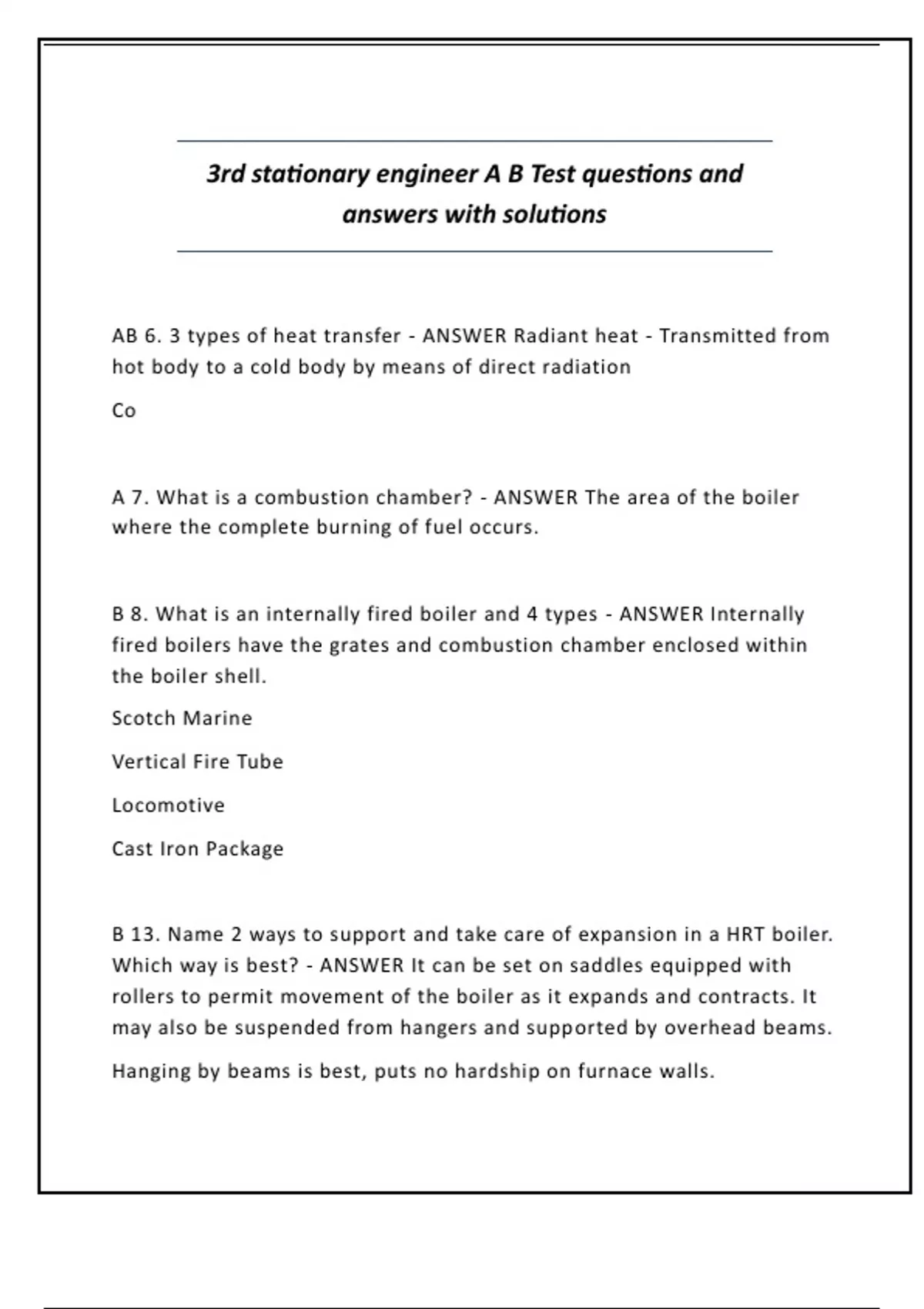 3rd stationary engineer A B Test questions and answers with solutions ...