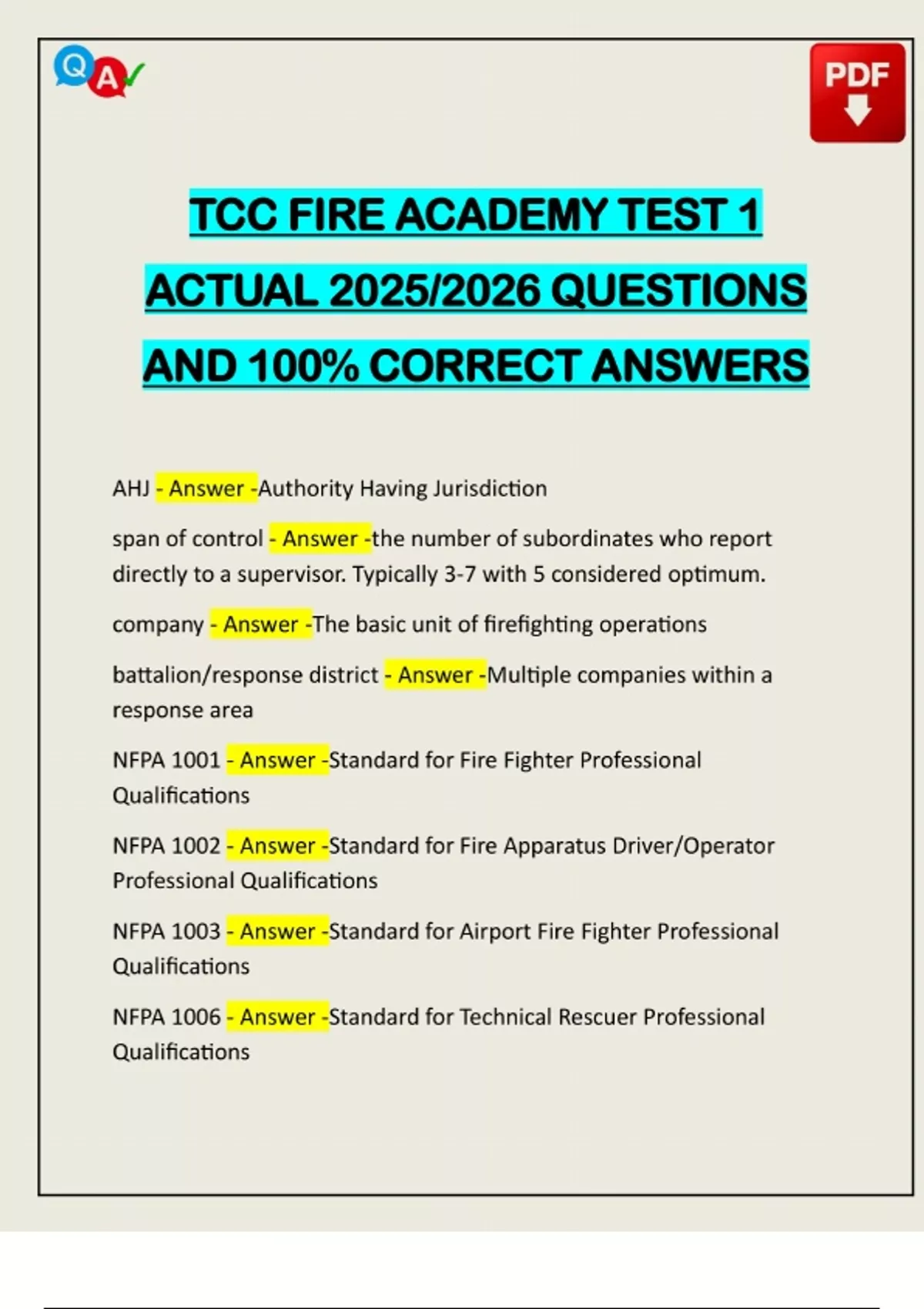 TCC FIRE ACADEMY TEST 1 ACTUAL 2025/2026 QUESTIONS AND 100% CORRECT ...