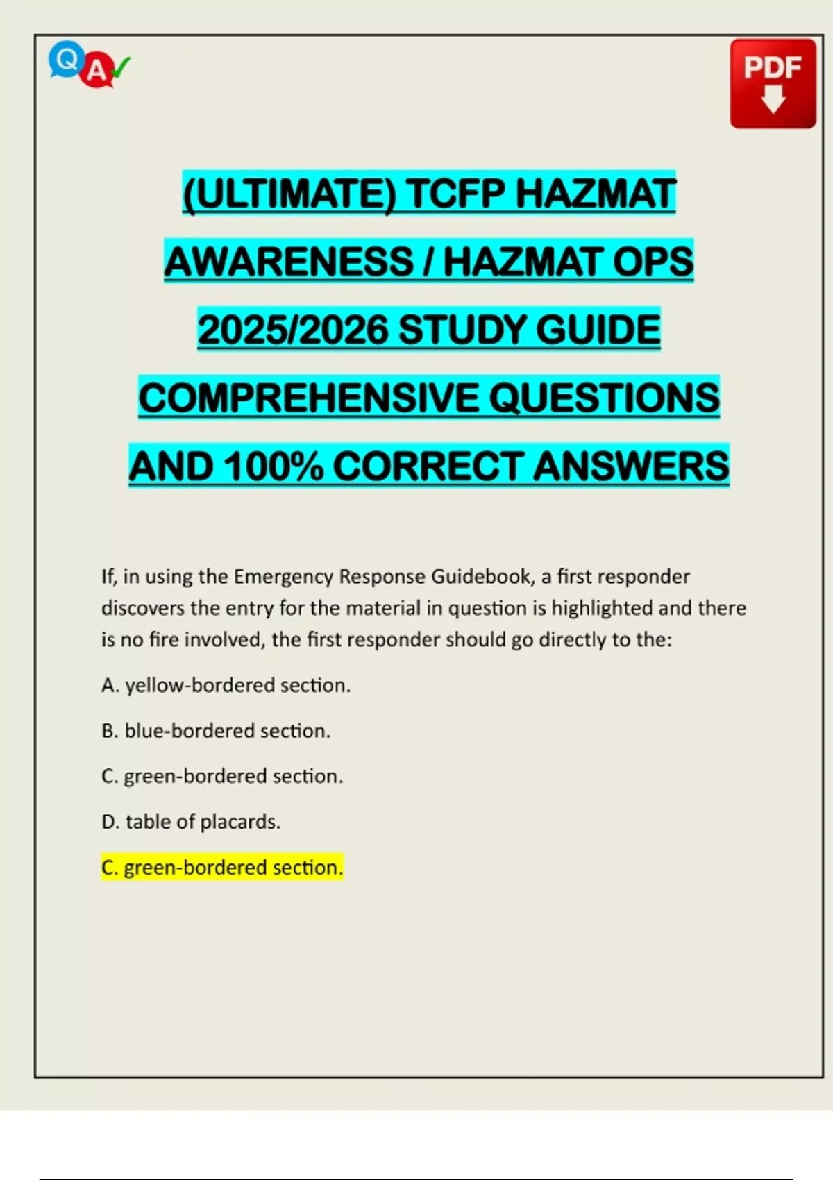 (ULTIMATE) TCFP HAZMAT AWARENESS / HAZMAT OPS 2025/2026 STUDY GUIDE ...