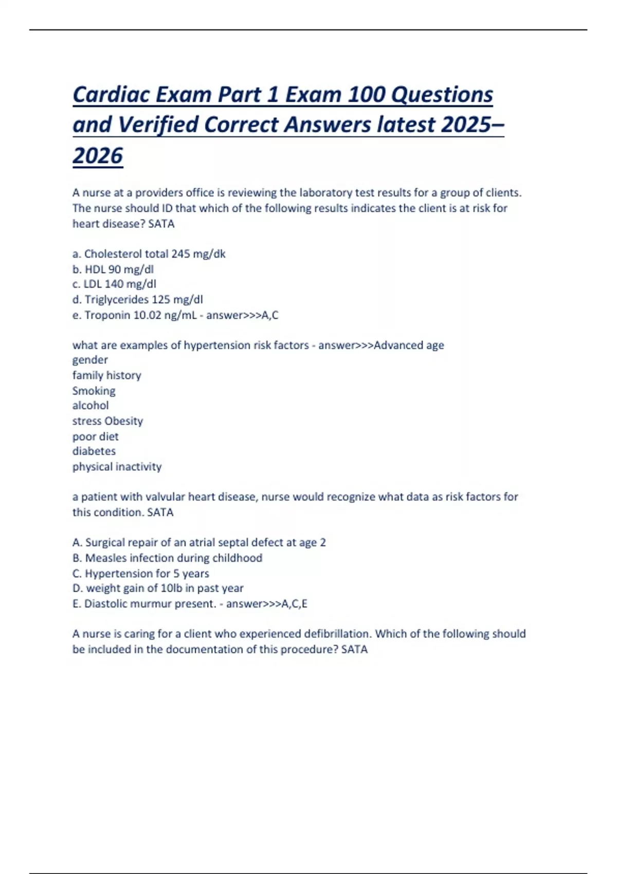 Cardiac Exam Part 1 Exam 100 Questions and Verified Correct Answers ...