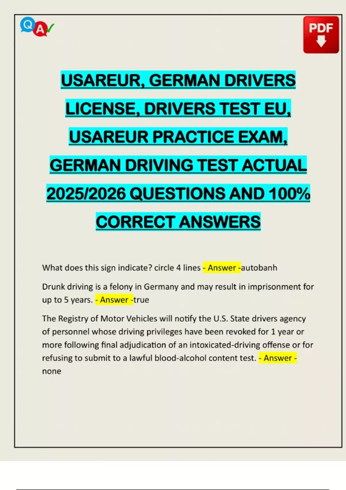 USAREUR, GERMAN DRIVERS LICENSE, DRIVERS TEST EU, USAREUR PRACTICE EXAM ...