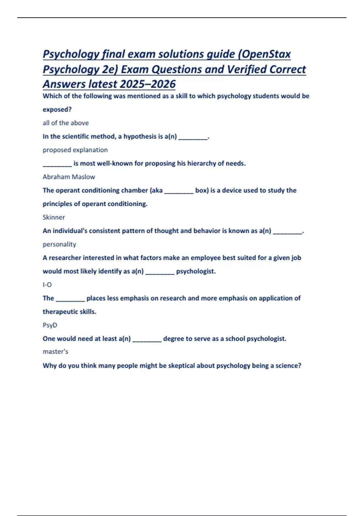 Psychology final exam solutions guide (OpenStax Psychology 2e) Exam ...