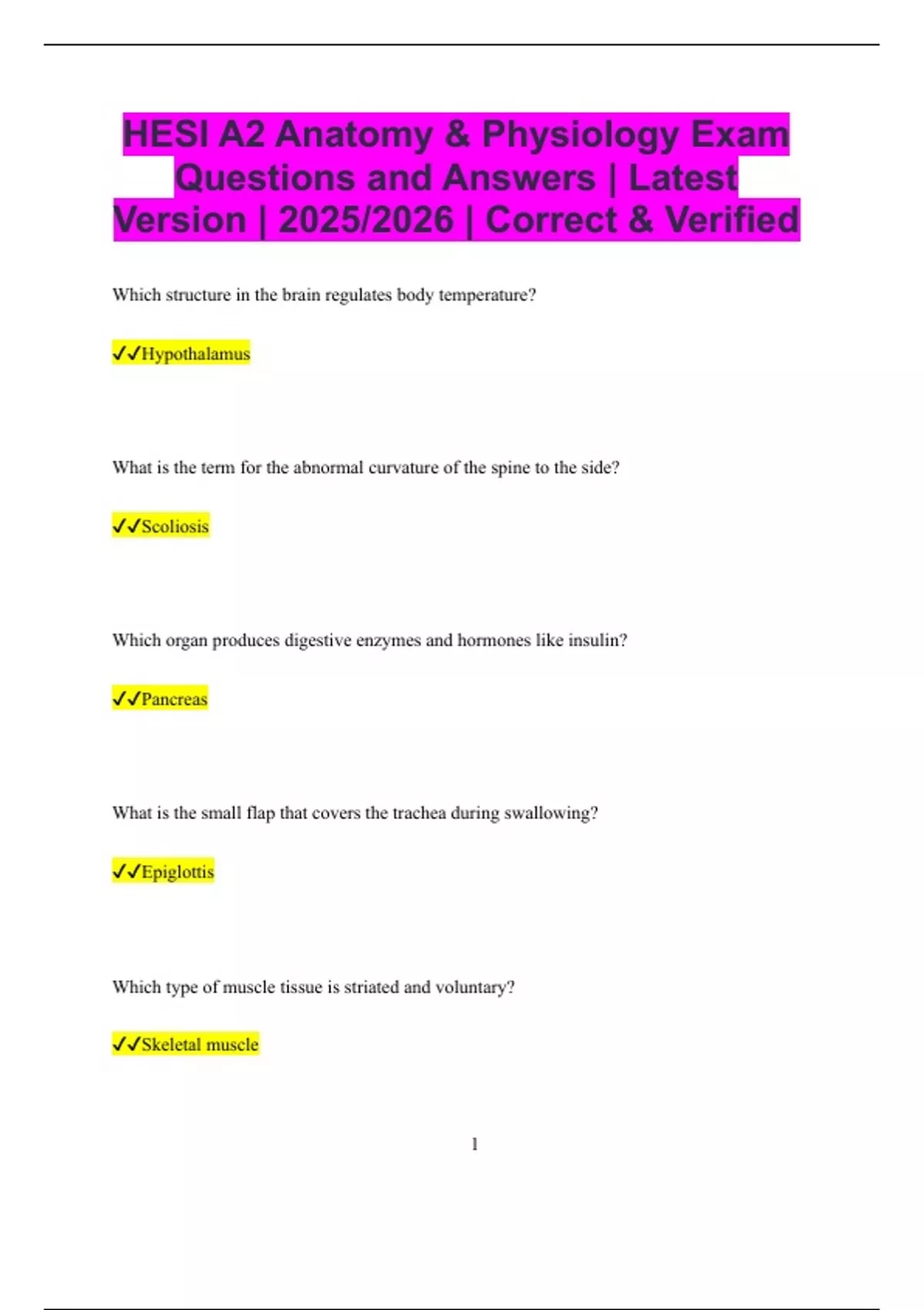 HESI A2 Anatomy & Physiology Exam Questions and Answers | Latest ...