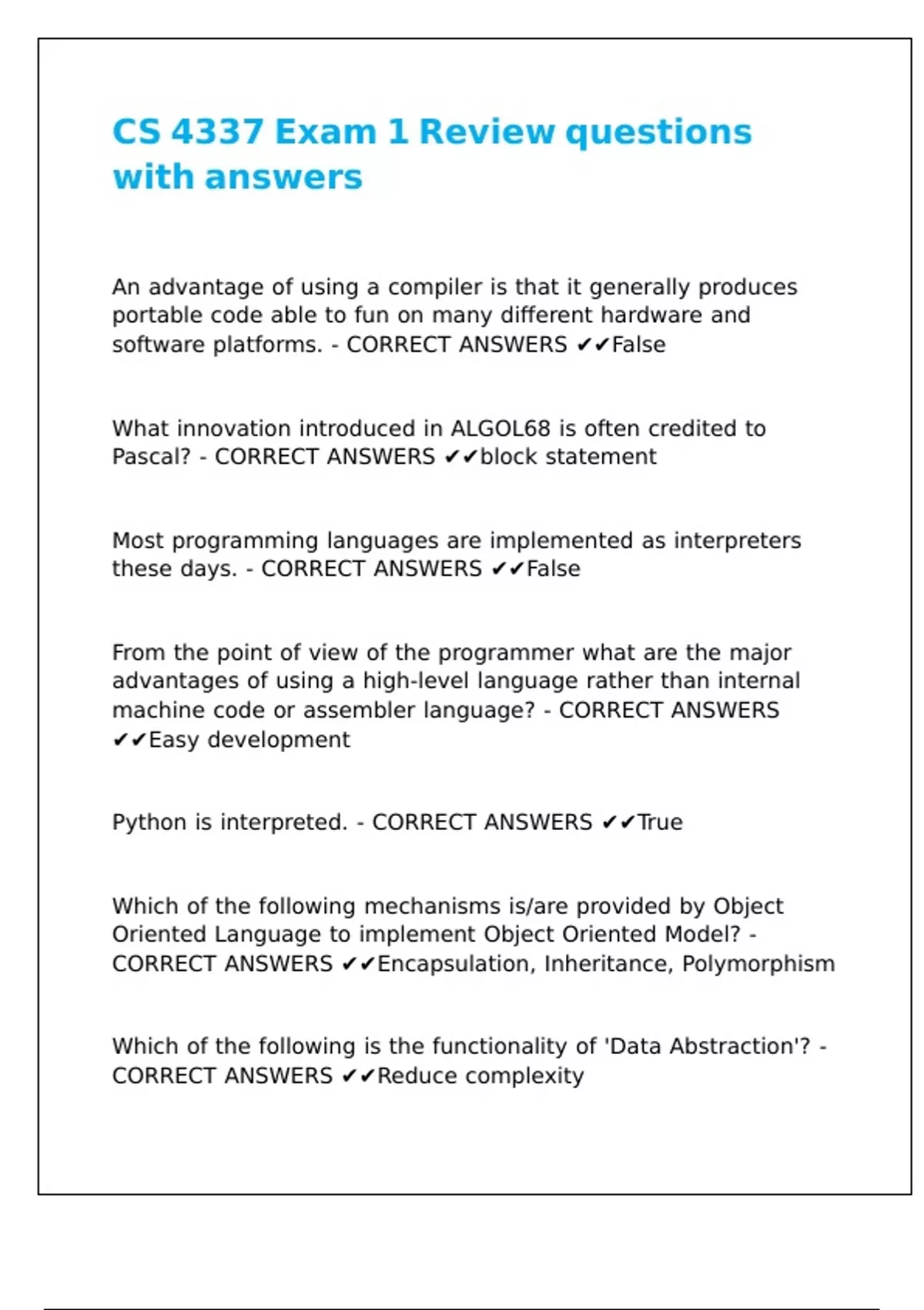 CS 4337 Exam 1 Review questions with answers - CS4337 - Stuvia US