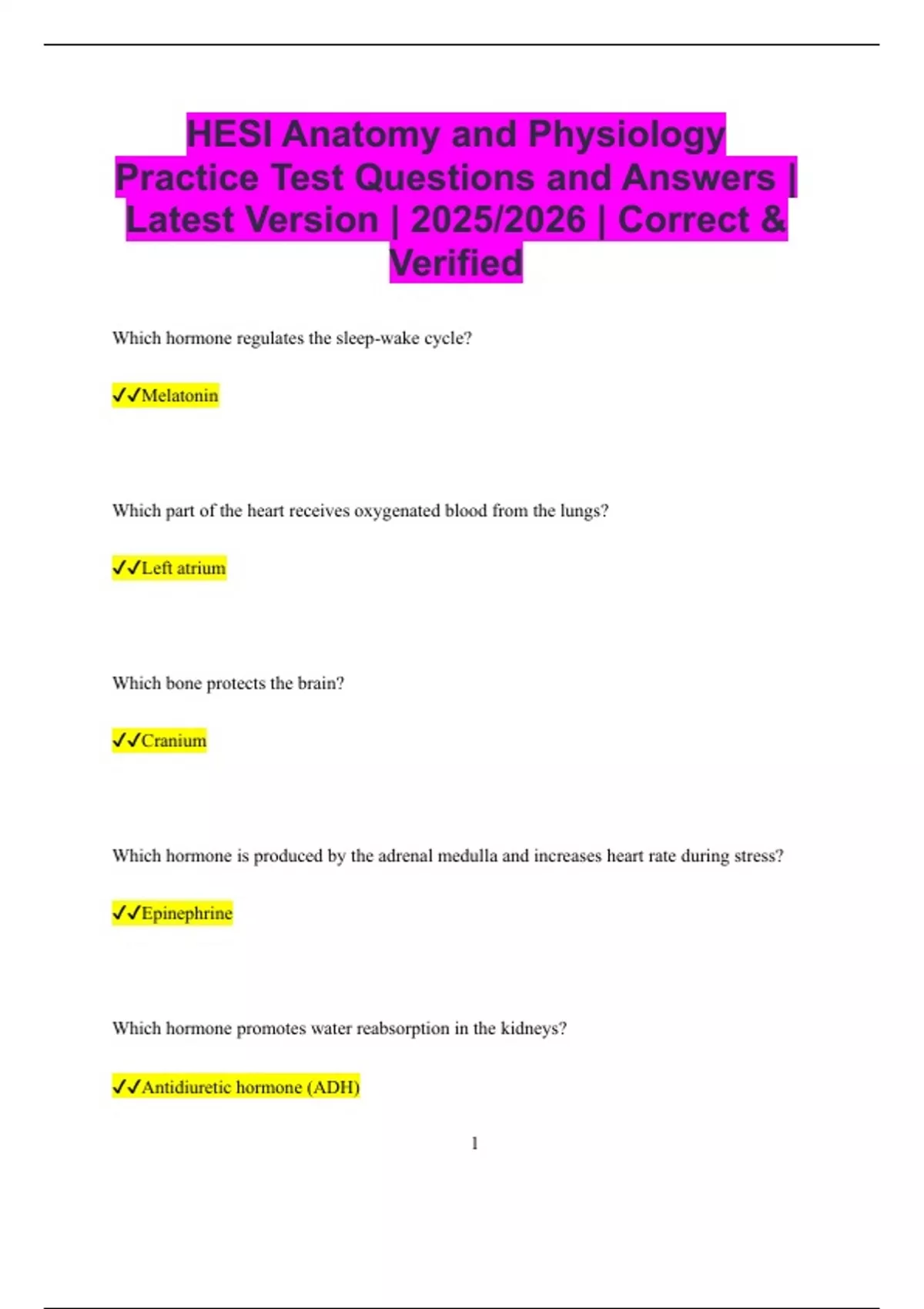 HESI Anatomy and Physiology Practice Test Questions and Answers ...