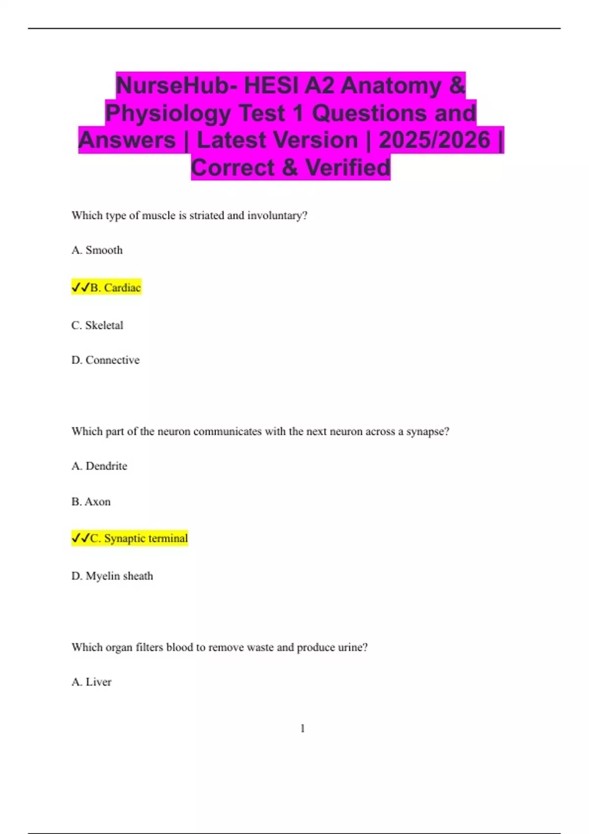 NurseHub- HESI A2 Anatomy & Physiology Test 1 Questions and Answers ...