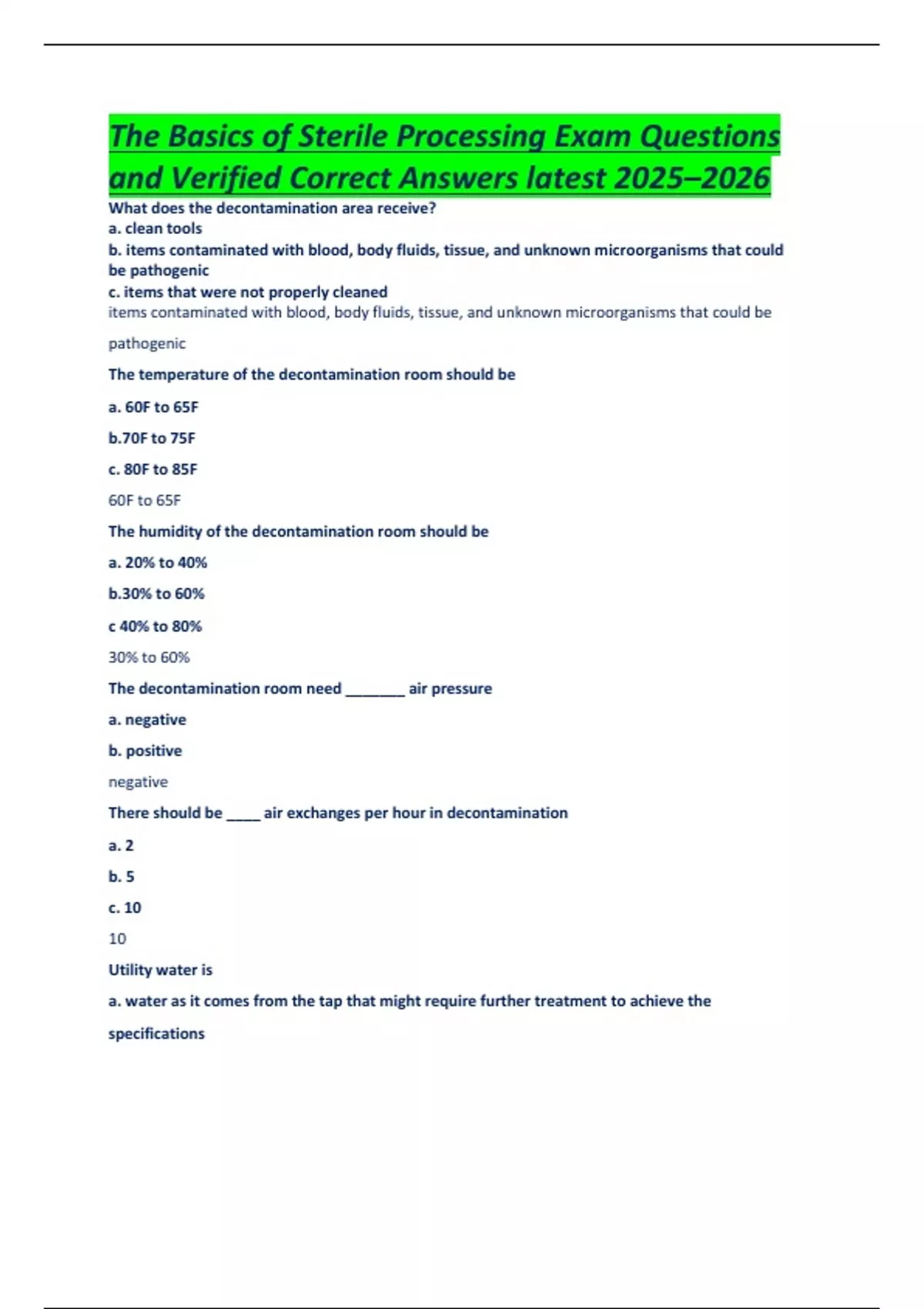 The Basics of Sterile Processing Exam Questions and Verified Correct ...