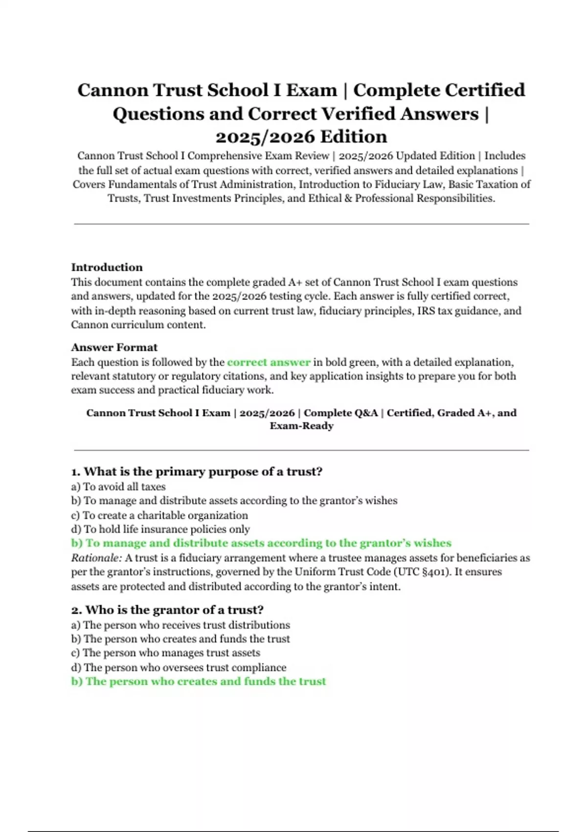 Cannon Trust School I Exam 2025/2026 – Certified Questions, Verified ...