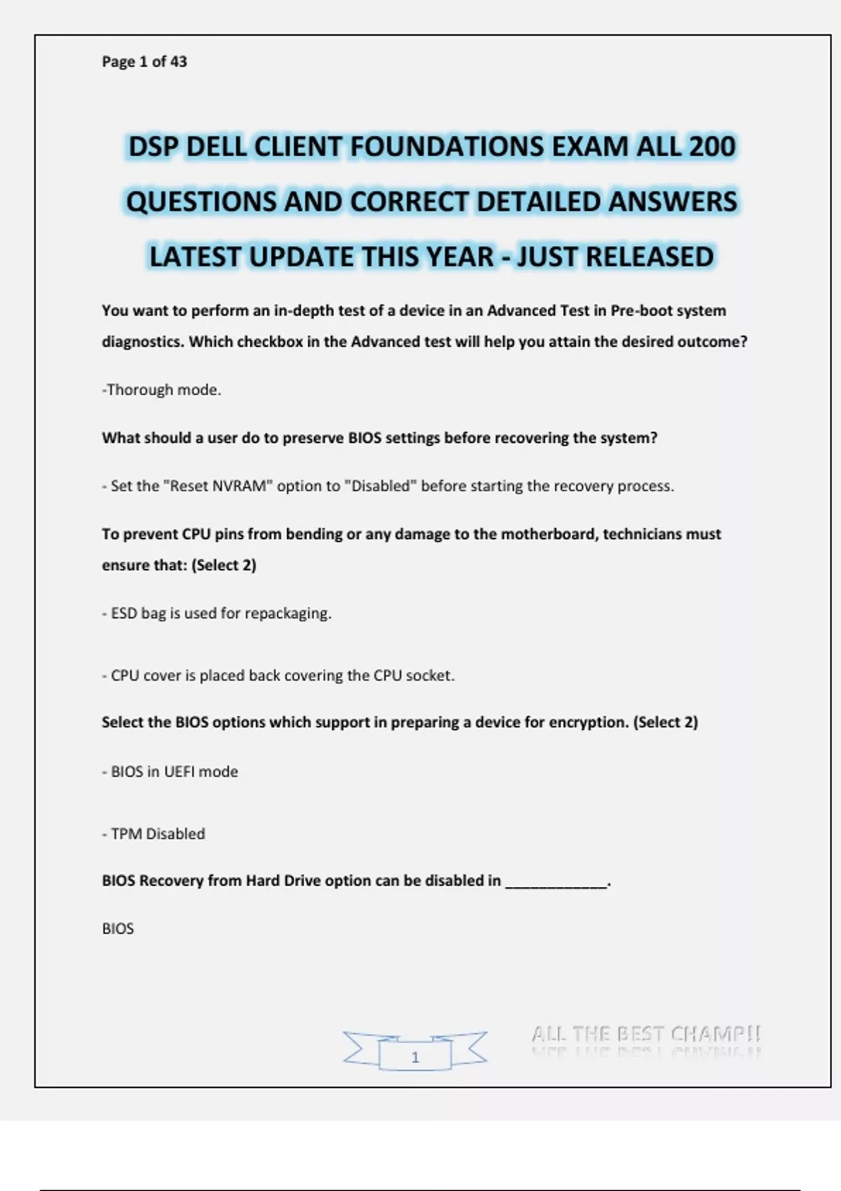 DSP DELL CLIENT FOUNDATIONS EXAM ALL 200 QUESTIONS AND CORRECT DETAILED ...