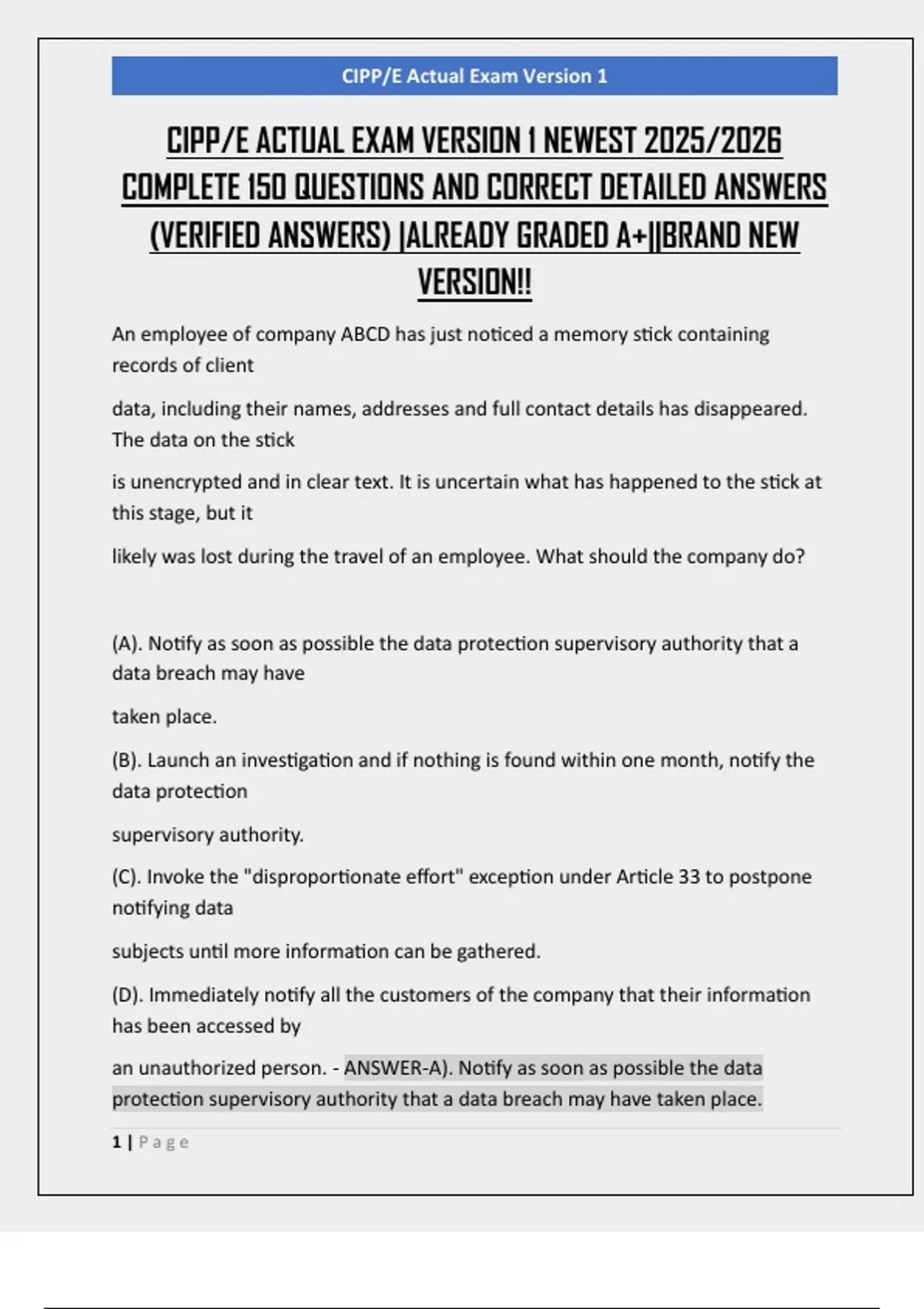 CIPP/E ACTUAL EXAM VERSION 1 NEWEST 2025/2026 COMPLETE 150 QUESTIONS ...