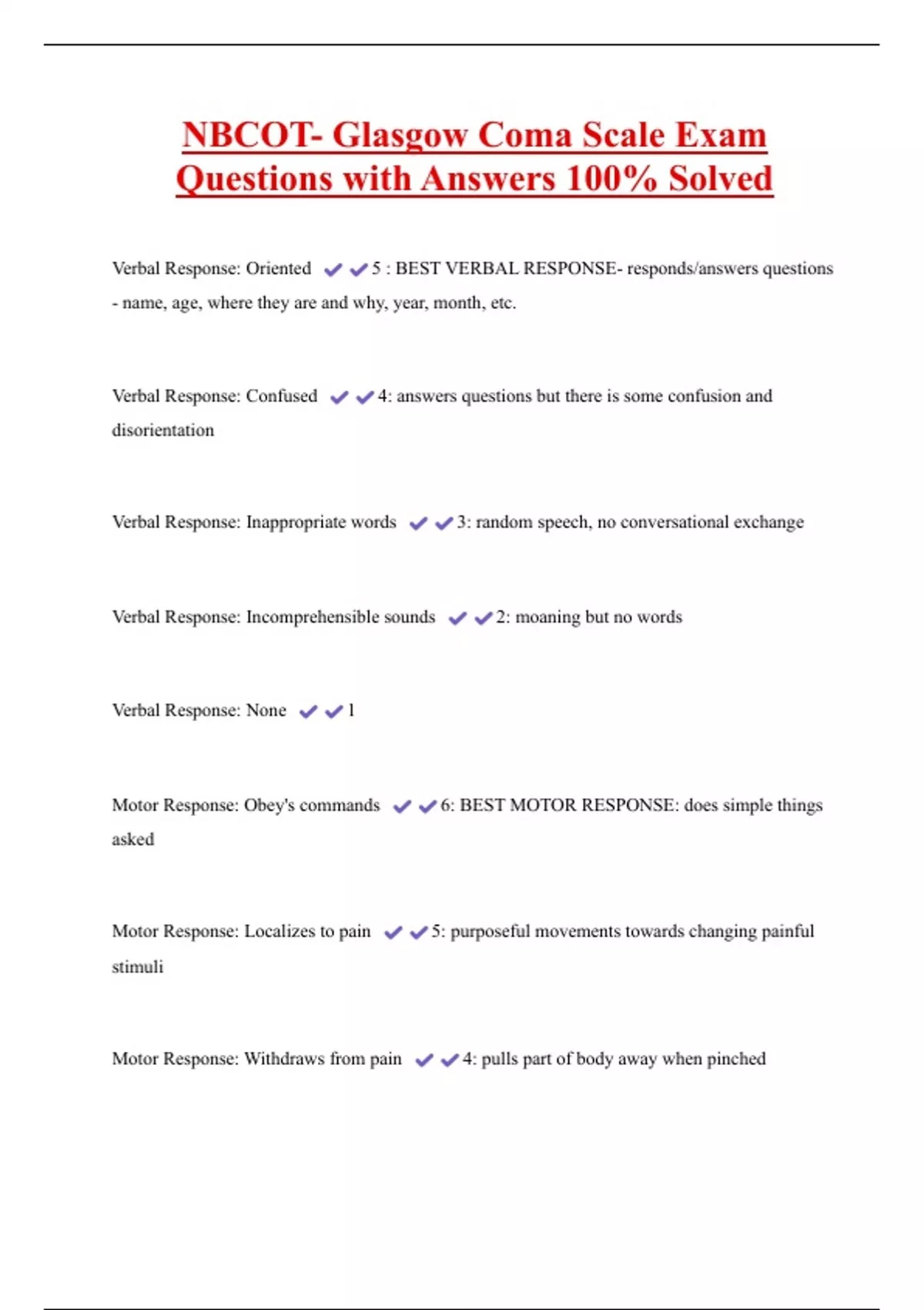 NBCOT- Glasgow Coma Scale Exam Questions with Answers 100% Solved ...