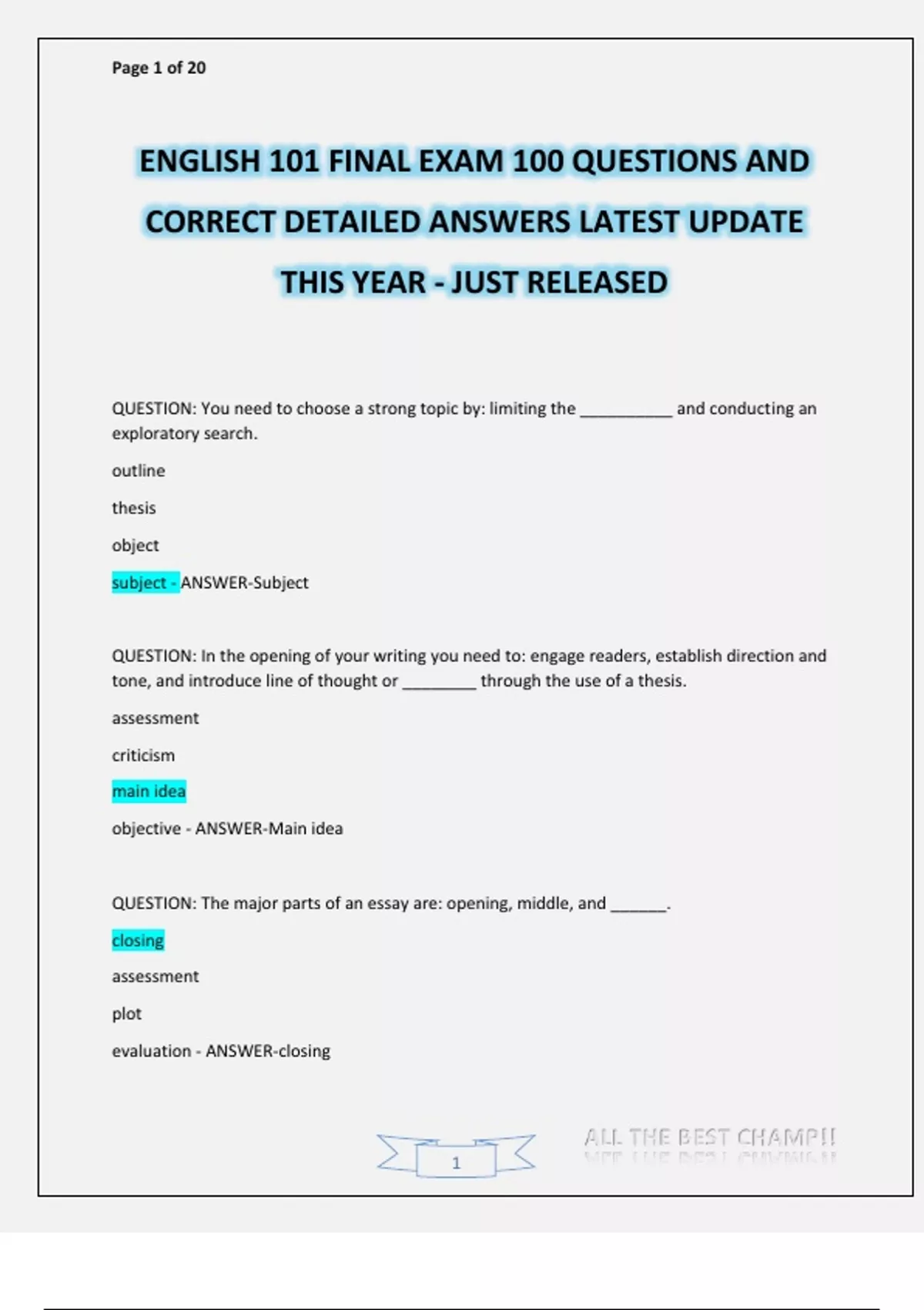 ENGLISH 101 FINAL EXAM 100 QUESTIONS AND CORRECT DETAILED ANSWERS ...