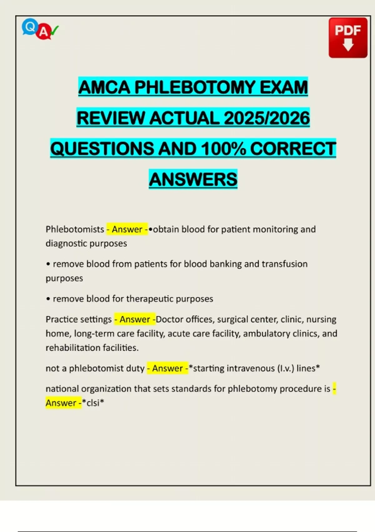 AMCA PHLEBOTOMY EXAM REVIEW ACTUAL 2025/2026 QUESTIONS AND 100% CORRECT ...