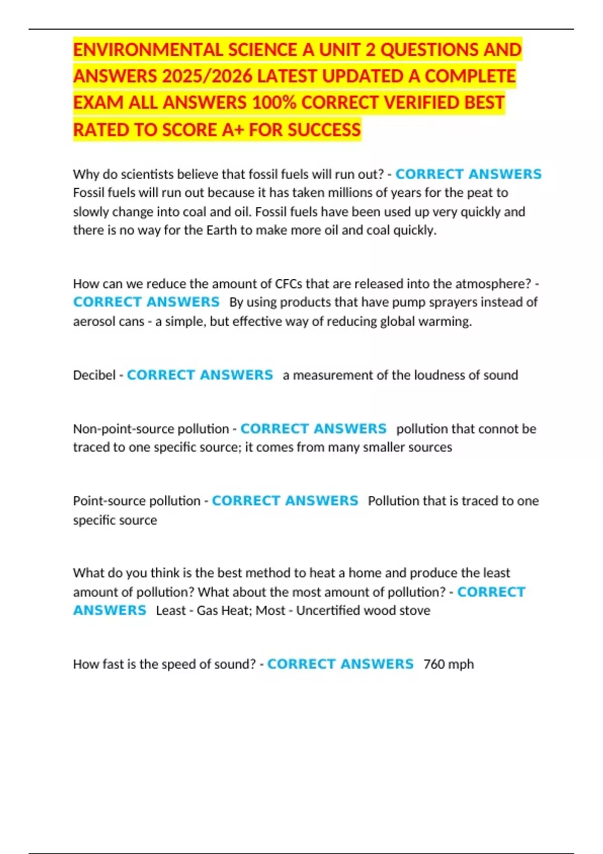 ENVIRONMENTAL SCIENCE A UNIT 2 QUESTIONS AND ANSWERS 2025/2026 LATEST ...