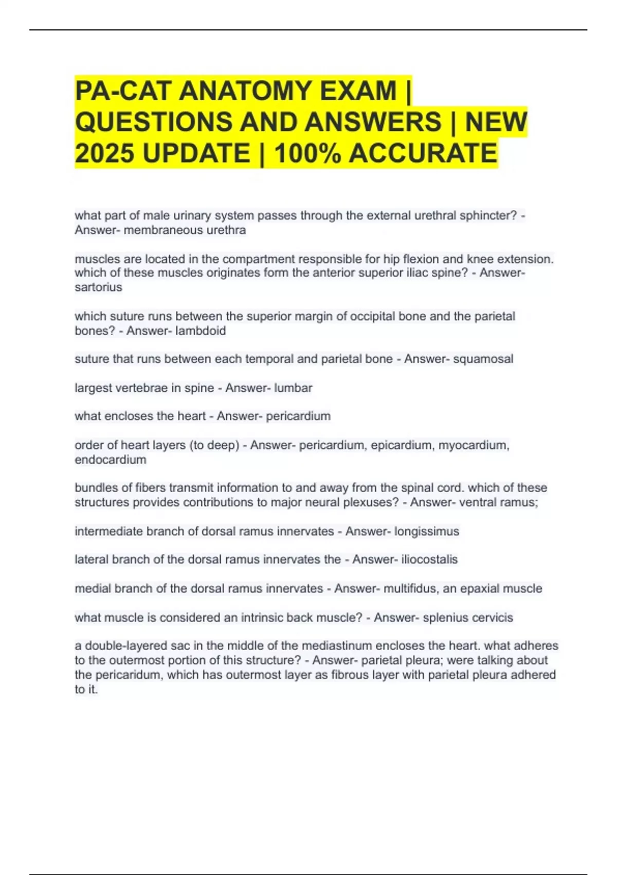 PA-CAT ANATOMY EXAM | QUESTIONS AND ANSWERS | NEW 2025 UPDATE | 100% ...