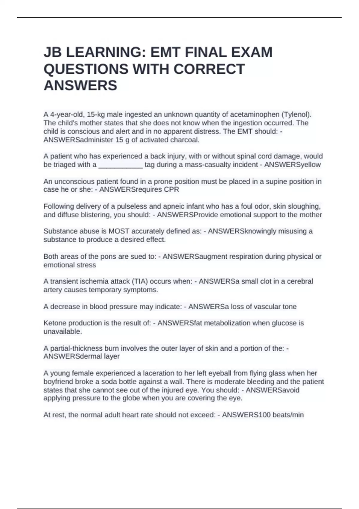 JB LEARNING: EMT FINAL EXAM QUESTIONS WITH CORRECT ANSWERS - JB ...