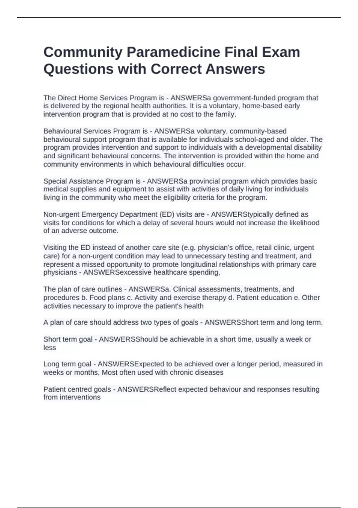 Community Paramedicine Final Exam Questions with Correct Answers ...