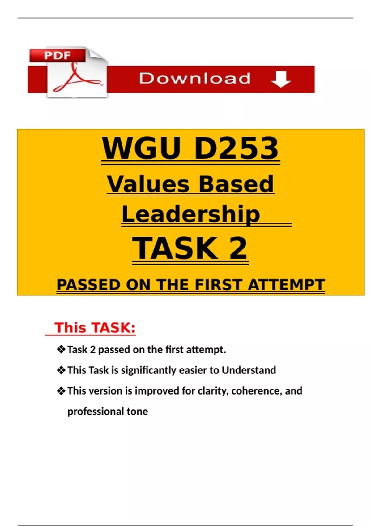D253 Task 2 Values-Based Leadership - 2025 (Passed First Attempt ...