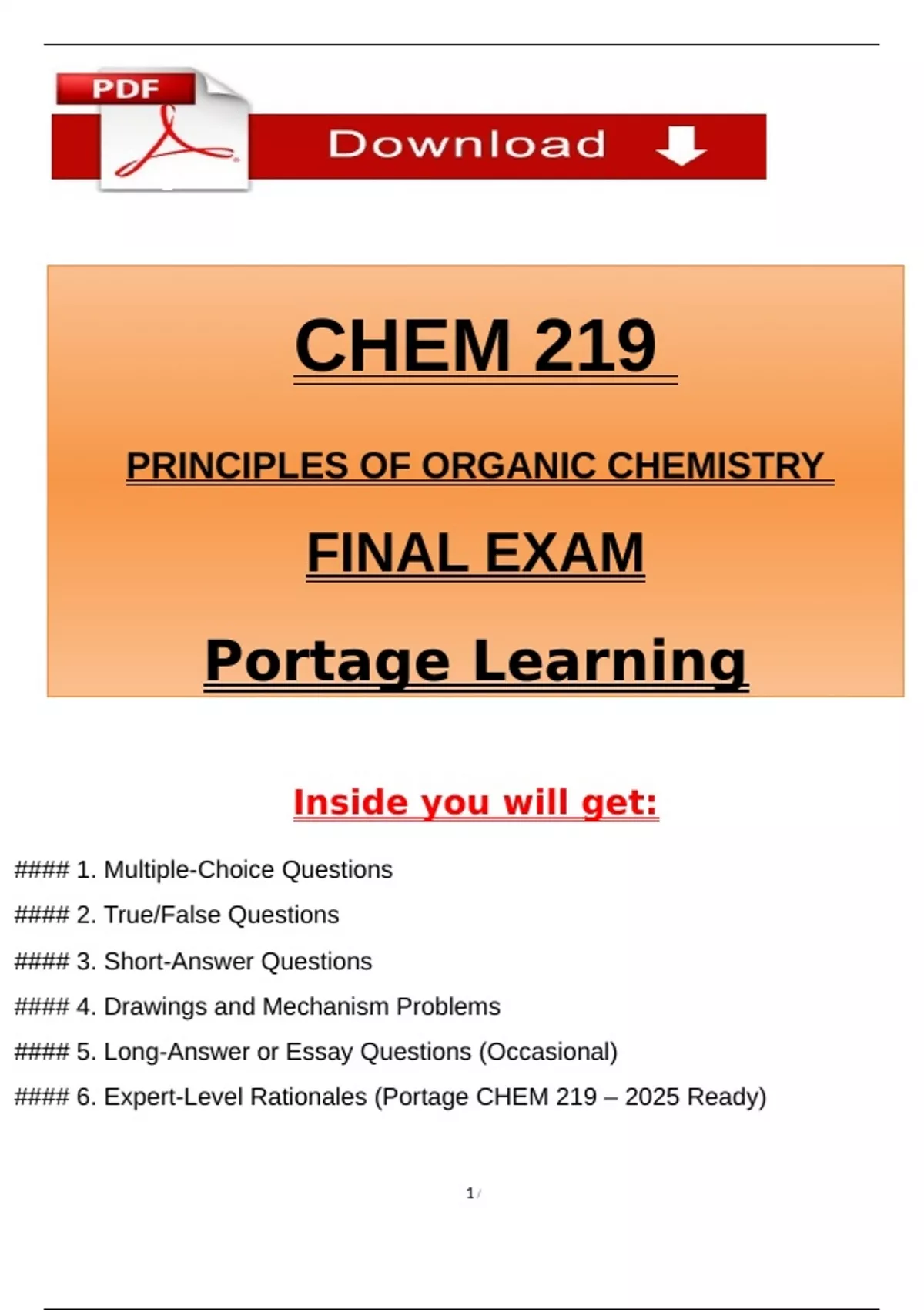 CHEM 219 Final Exam (2025) – Principles of Organic Chemistry – Portage Learning Verified Qs ...