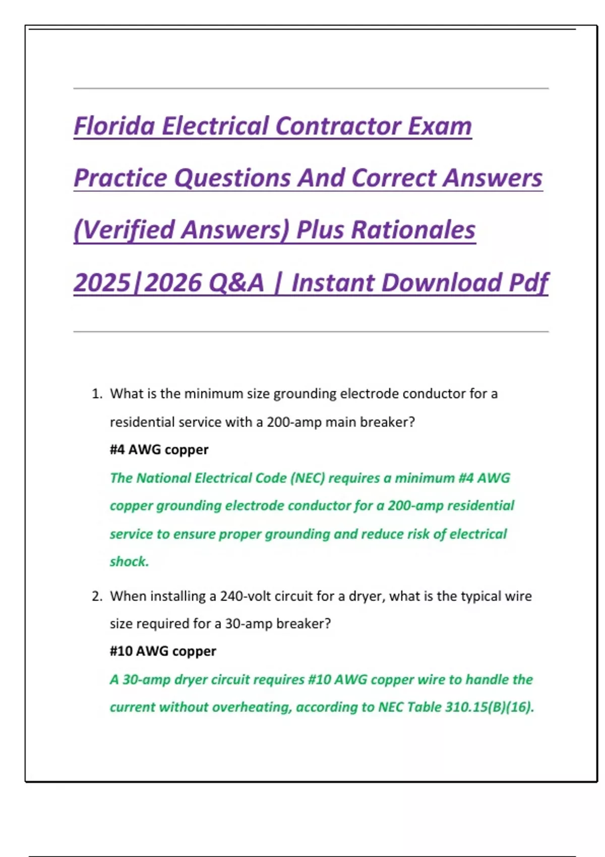 Florida Electrical Contractor Exam Practice Questions And Correct ...