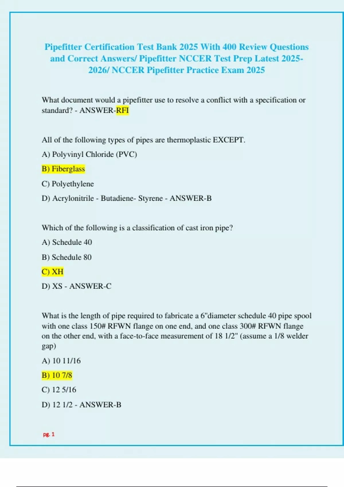 Pipefitter Certification Test Bank 2025 With 400 Review Questions and ...