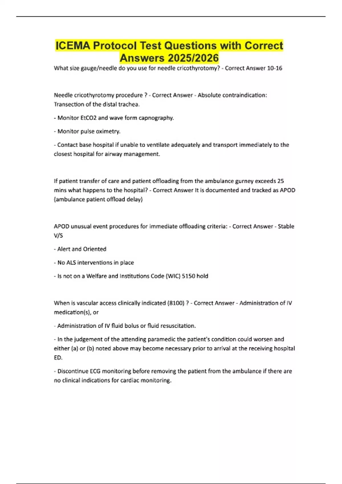 ICEMA Protocol Test Questions with Correct Answers 2025/2026 - ICEMA ...