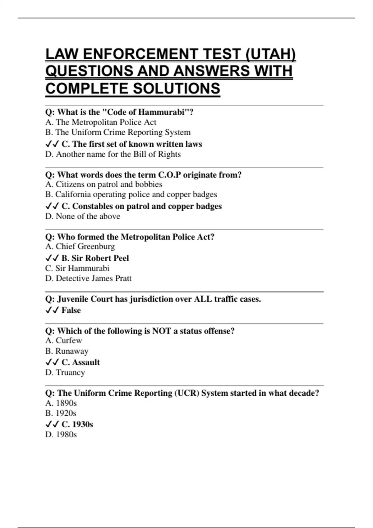 LAW ENFORCEMENT TEST (UTAH) QUESTIONS AND ANSWERS WITH COMPLETE ...