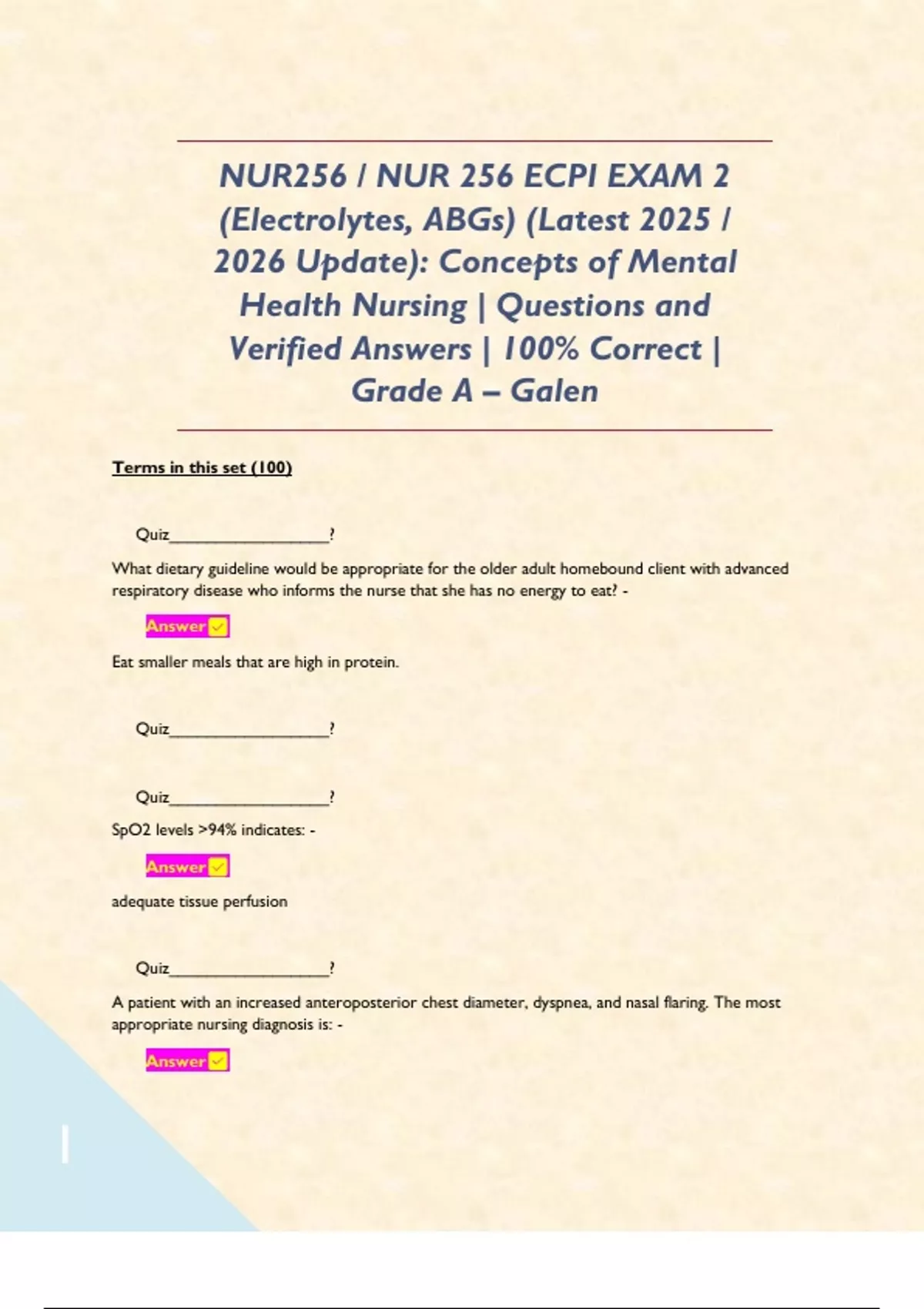 NUR256 / NUR 256 ECPI EXAM 2 (Electrolytes, ABGs) (Latest 2025 / 2026 ...