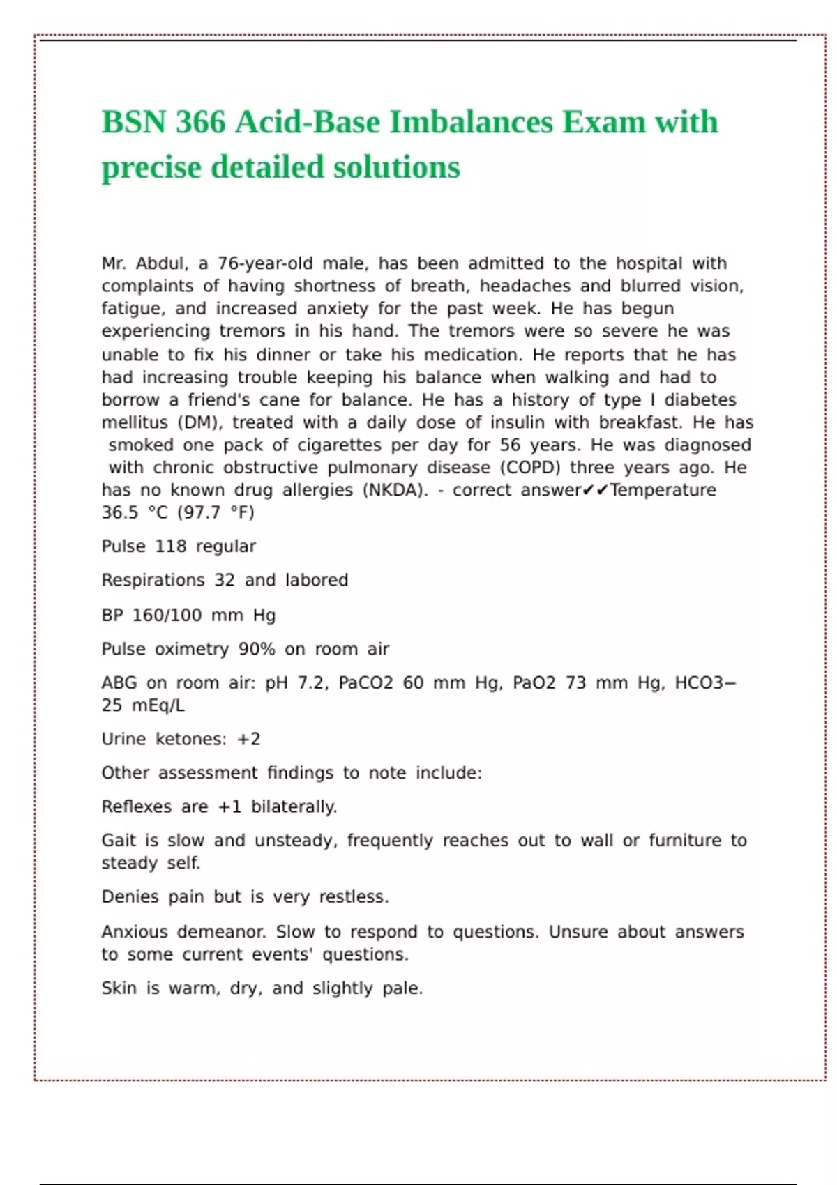 BSN 366 Acid-Base Imbalances Exam with precise detailed solutions - BSN ...